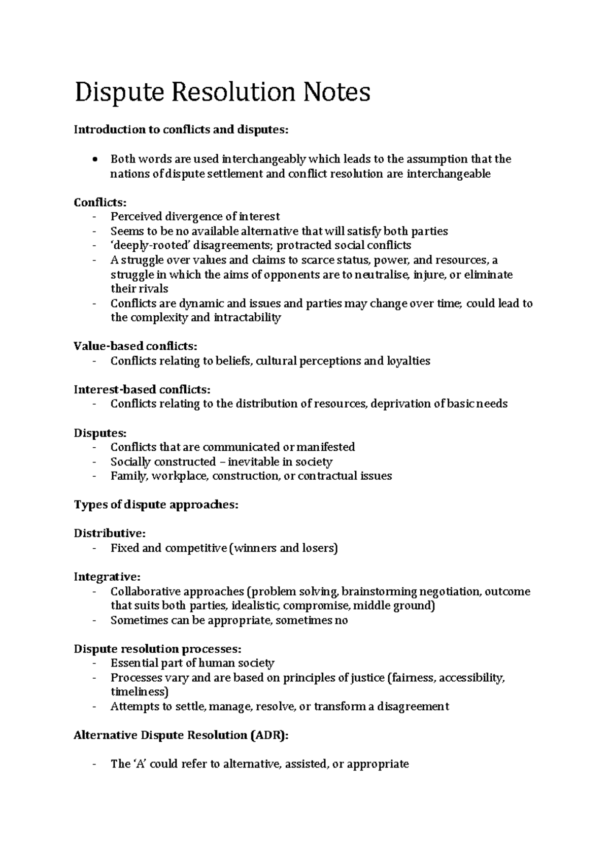 Dispute Resolution Exam Notes - Dispute Resolution Notes Introduction ...