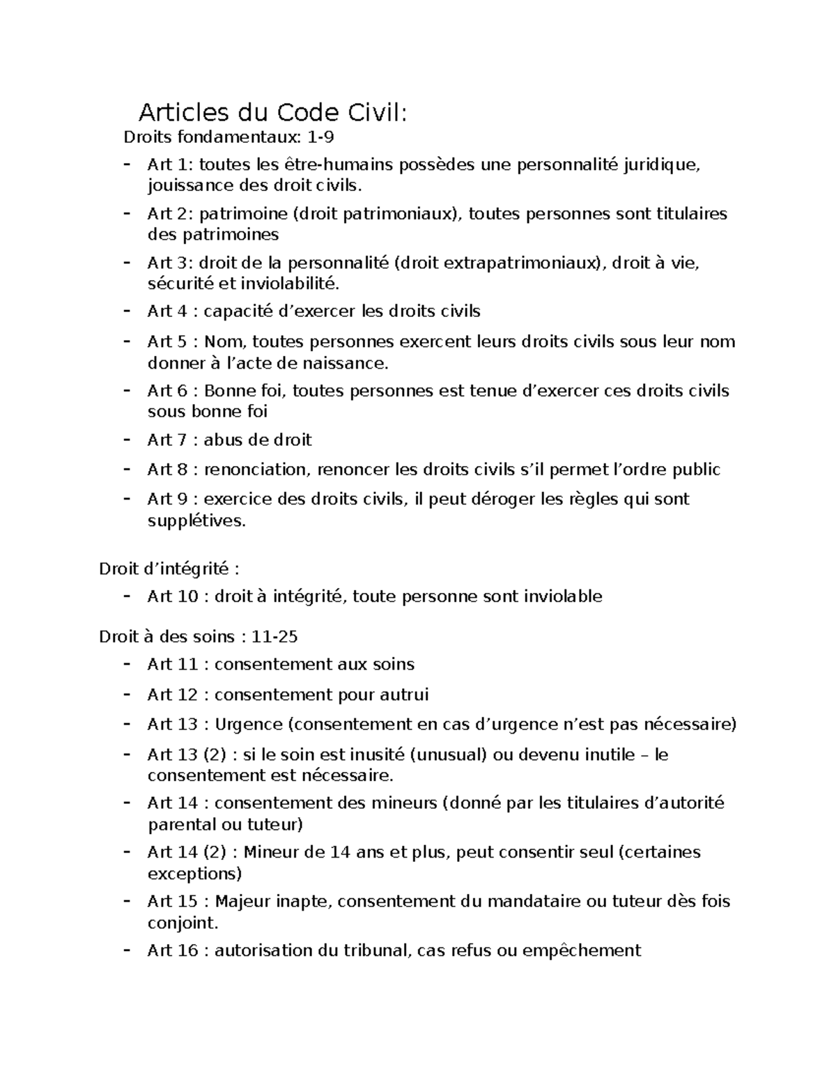 Notes PP Intra - Articles du Code Civil: Droits fondamentaux: 1- Art 1 ...