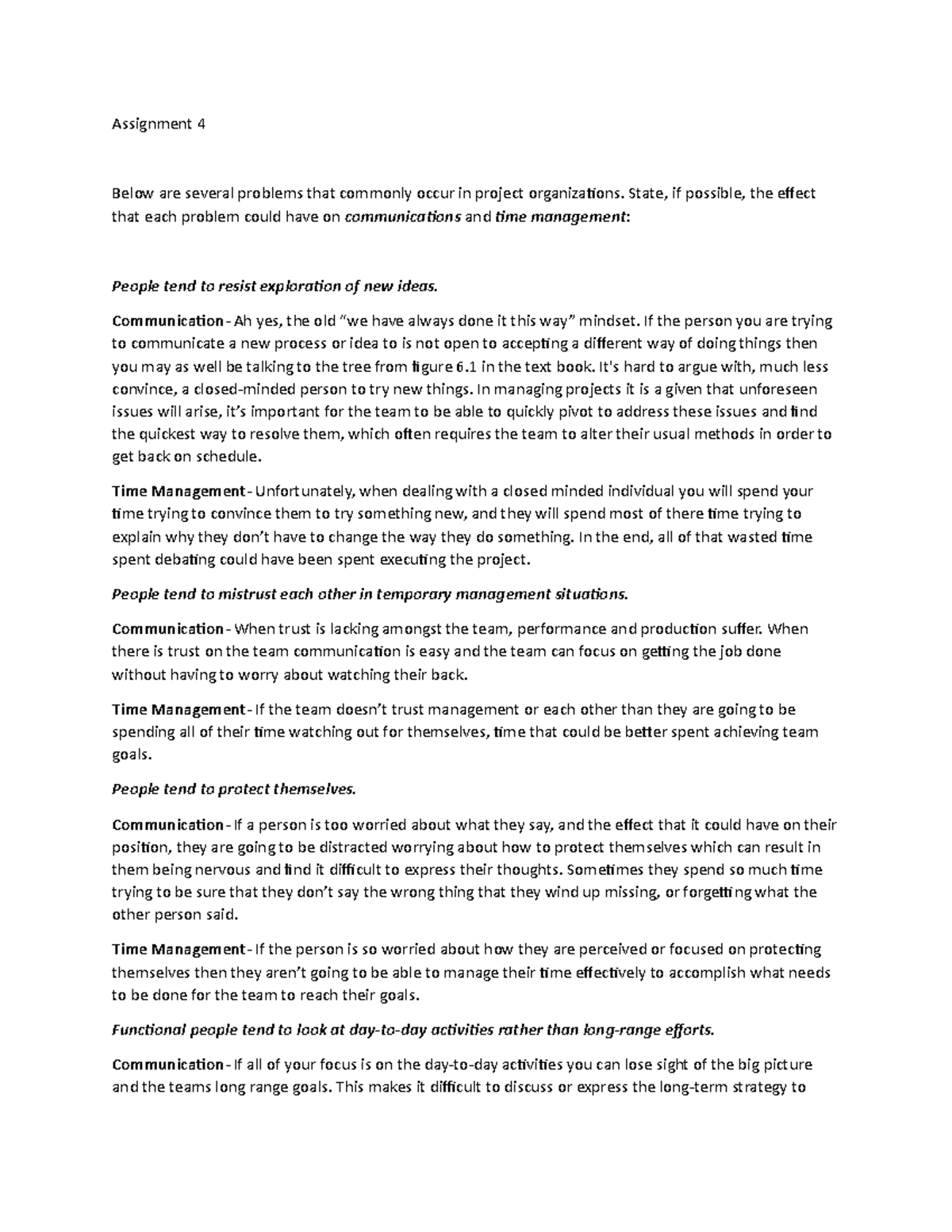 Assignment 4 project organization communications and time management ...