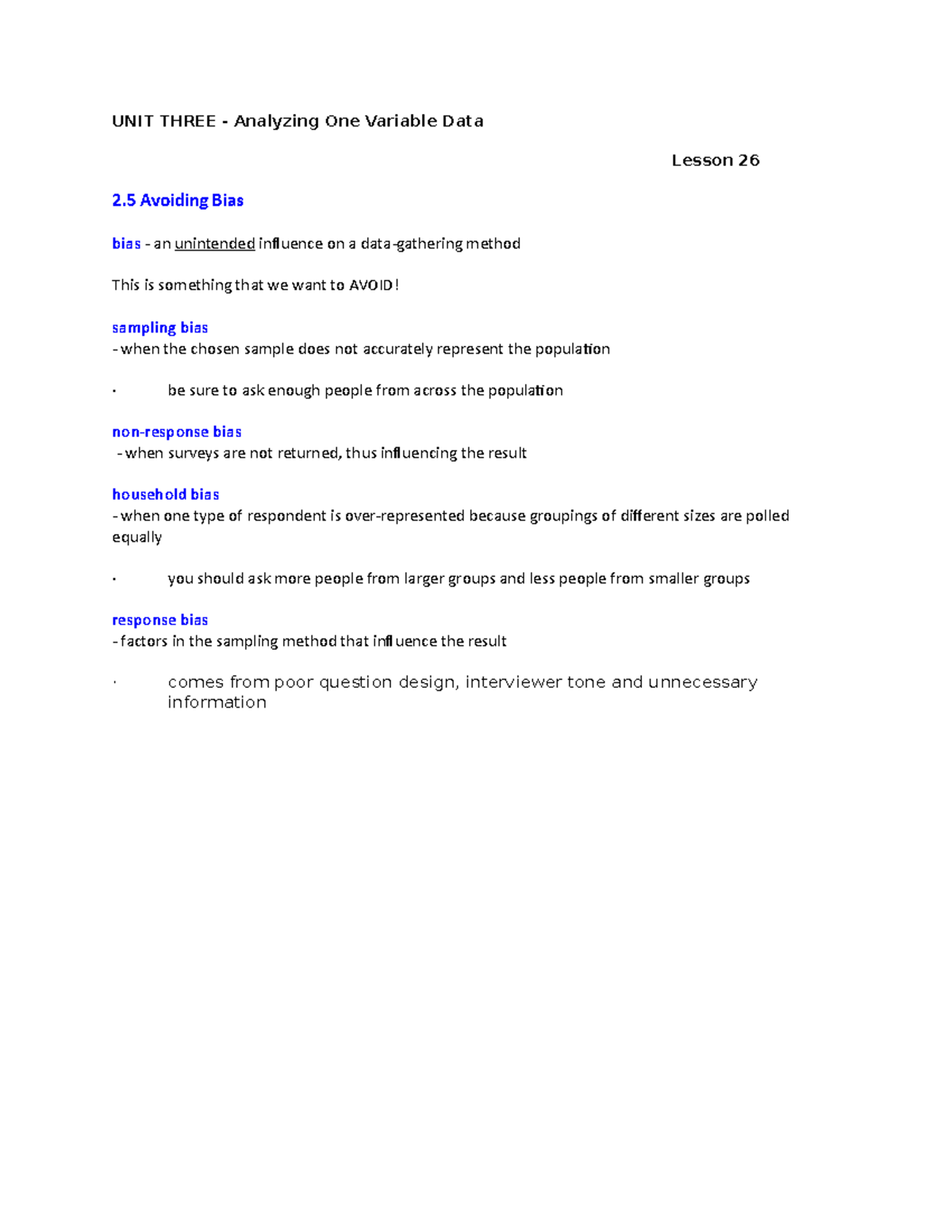 2.5 Avoiding Bias - UNIT THREE - Analyzing One Variable Data Lesson 26 2 Avoiding Bias bias - an ...