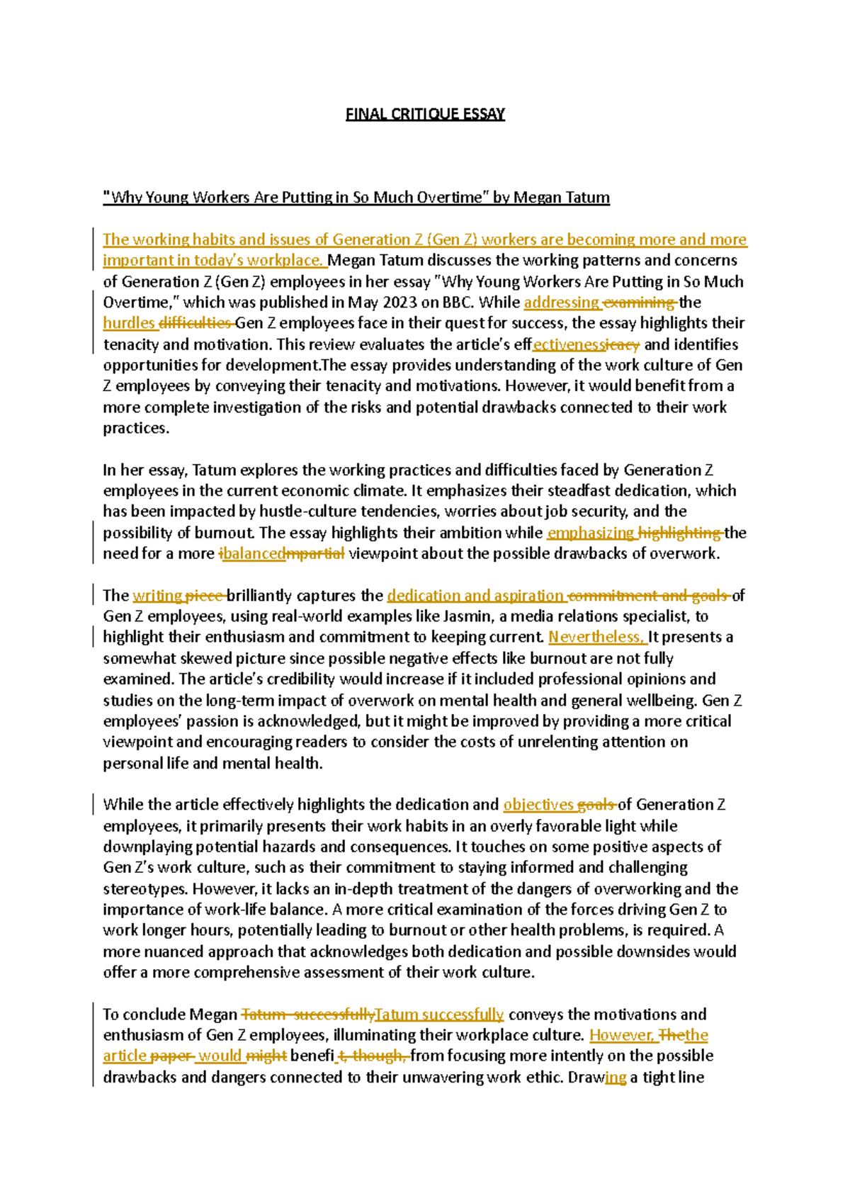 Final Critique Essay [ track changes ] - FINAL CRITIQUE ESSAY "Why ...