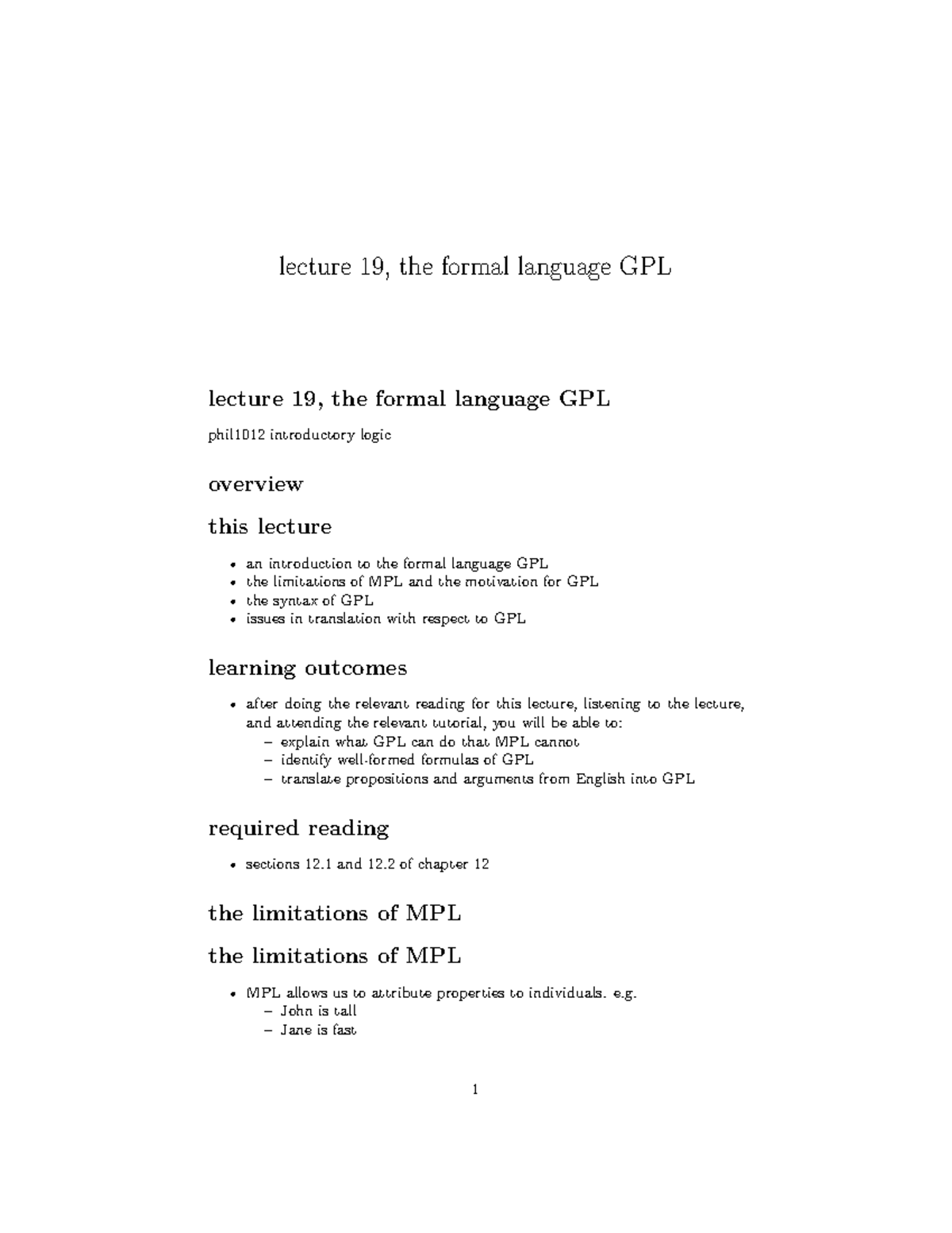 19 the formal language GPL handout - lecture 19, the formal language GPL lecture 19, the formal ...