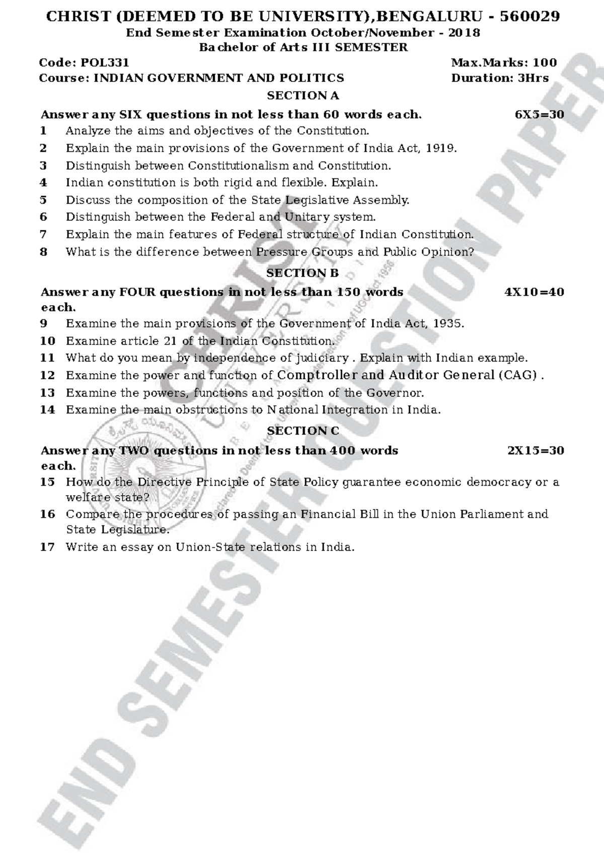 POL331 - This is the end semester paper for practice. - CHRIST (DEEMED ...