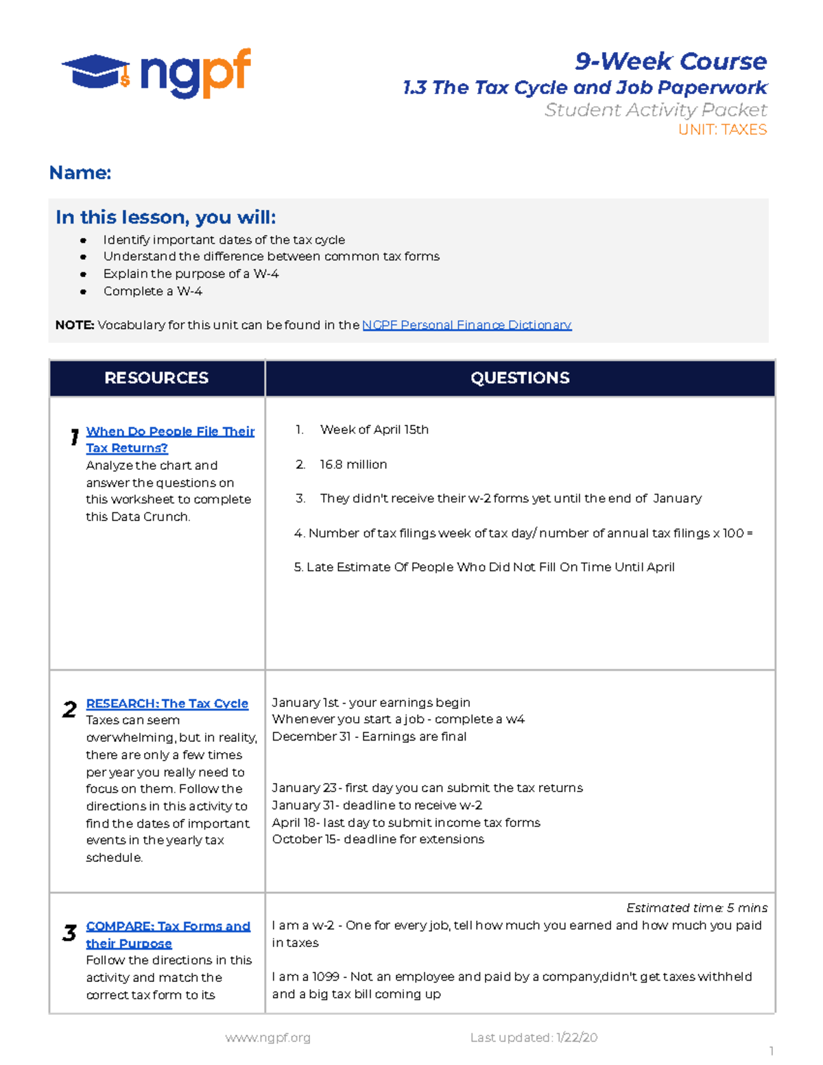 Student Activity Packet 9WK-1 - 9-Week Course 1 The Tax Cycle and Job ...