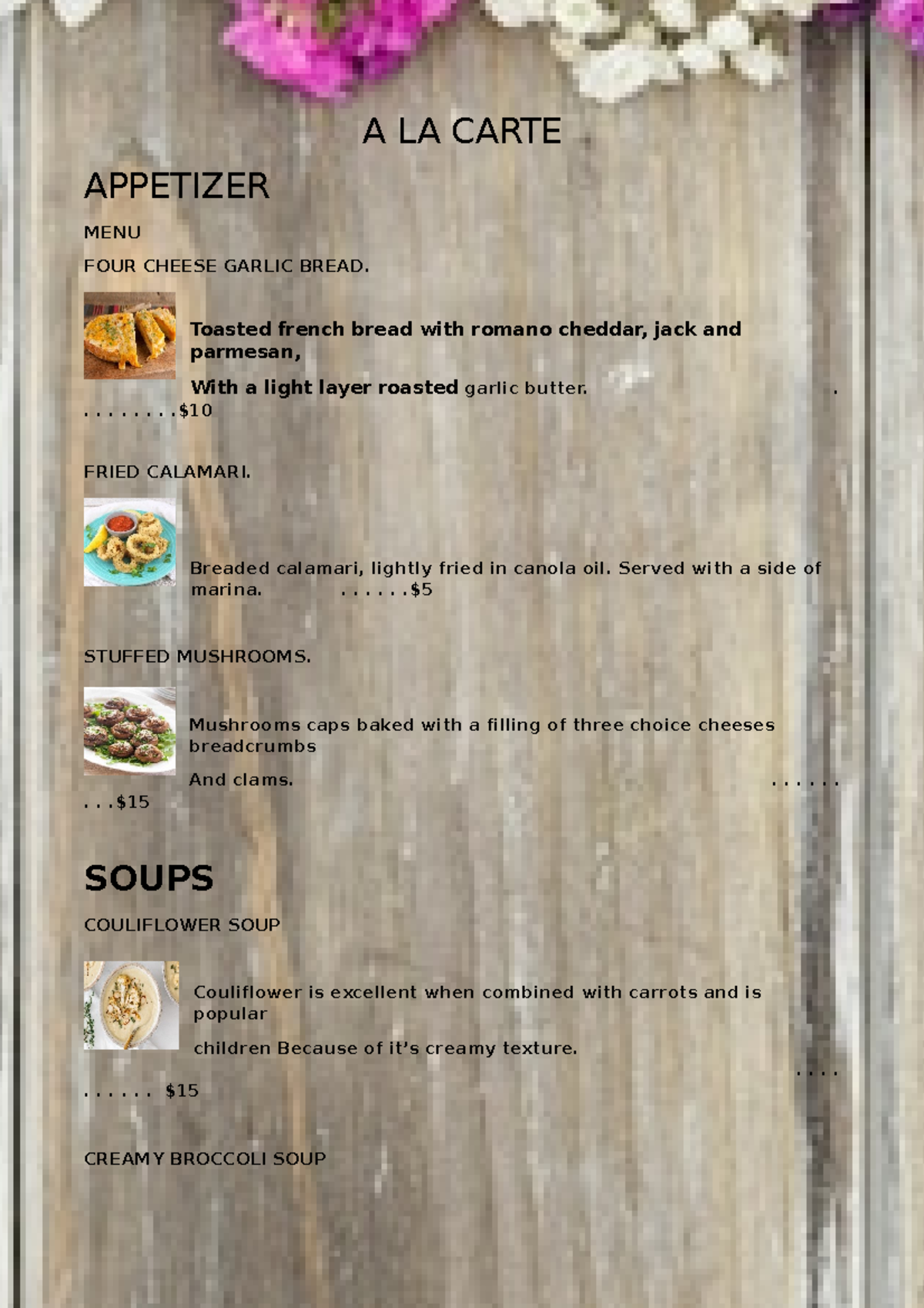 A LA Carte - cook - A LA CARTE APPETIZER MENU FOUR CHEESE GARLIC BREAD ...