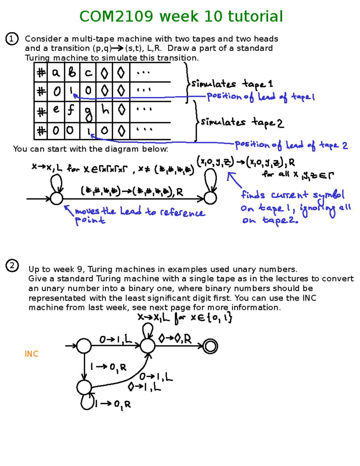 Tutorial week10 - Week 10 Sheet - COM2109 week 10 tutorial 1 2 INC Up to week 9, Turing machines ...