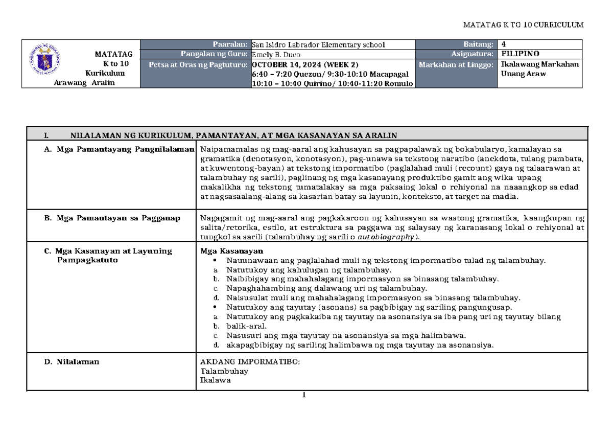 DLL Matatag Filipino 4 Q2 W2 - MATATAG K to 10 Kurikulum Arawang Aralin Paaralan: San Isidro ...