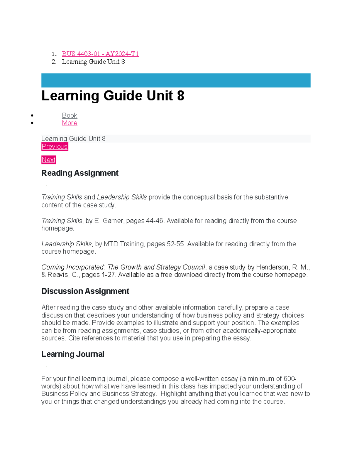 BUS 4403 Unit 8 Learning Guide - 1. BUS 4403-01 - AY2024-T 2. Learning ...