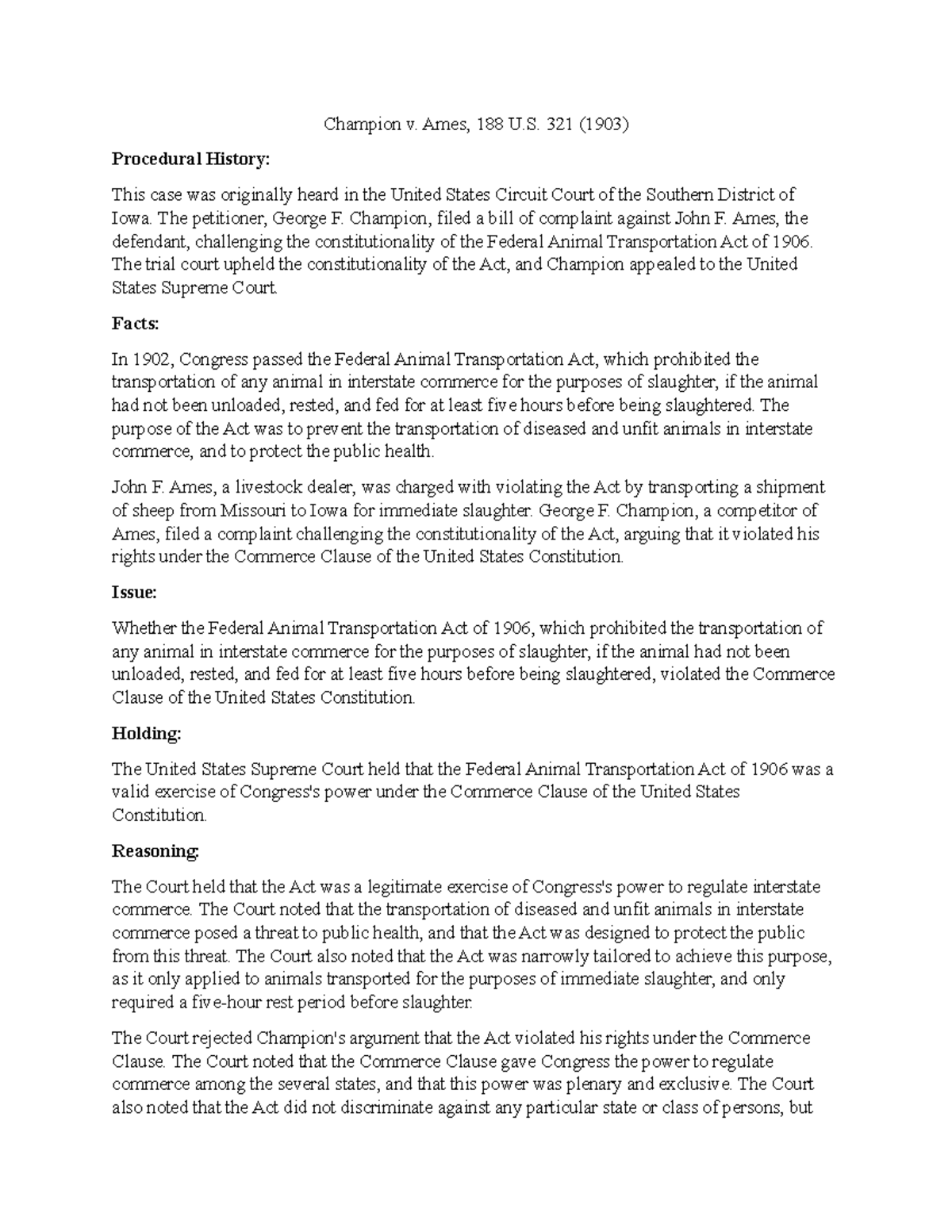 Champion v. Ames Case Brief - Champion v. Ames, 188 U. 321 (1903 ...