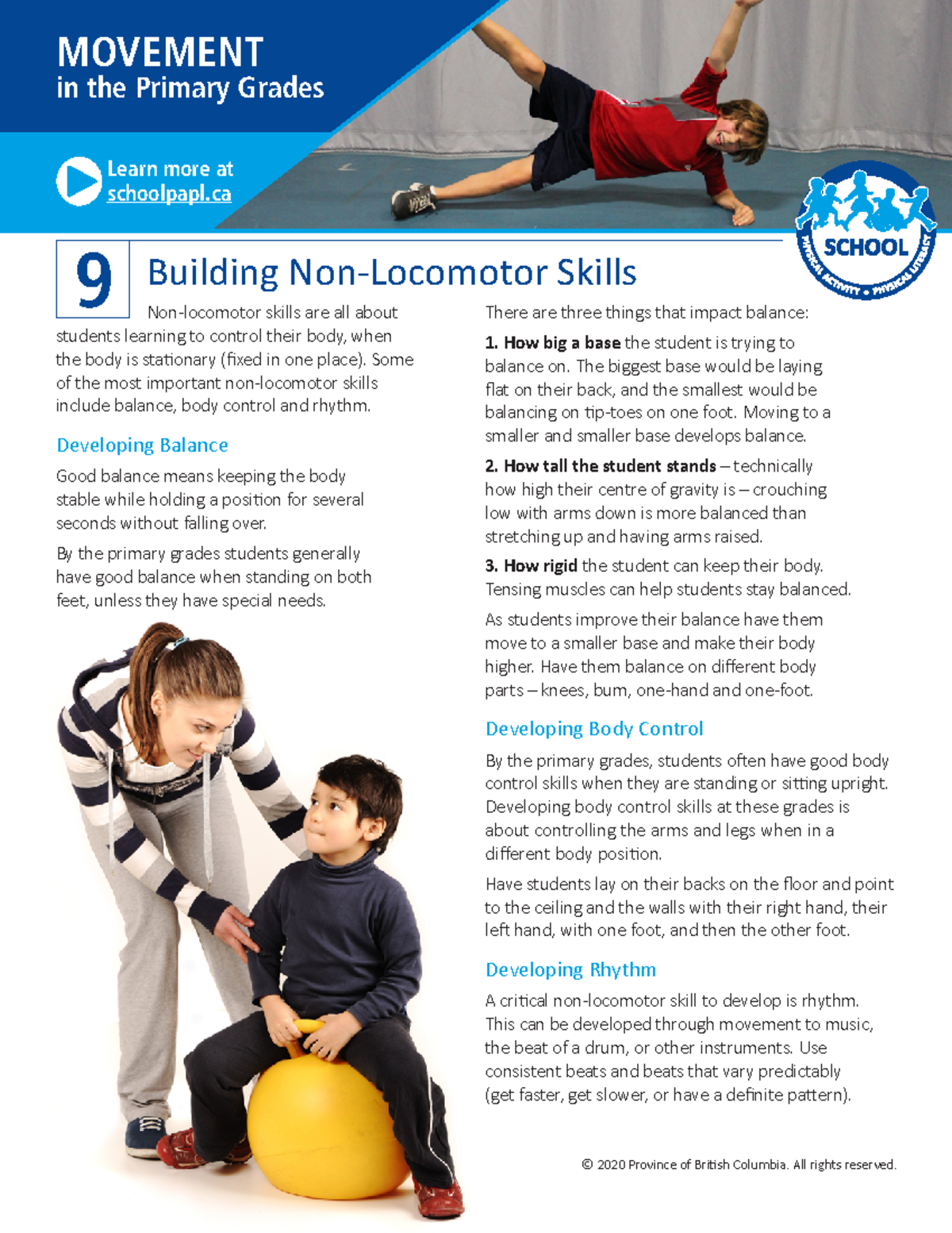 Building Non Locomotor Skills Sep 2020 - MOVEMENT in the Primary Grades Learn more at schoolpapl ...