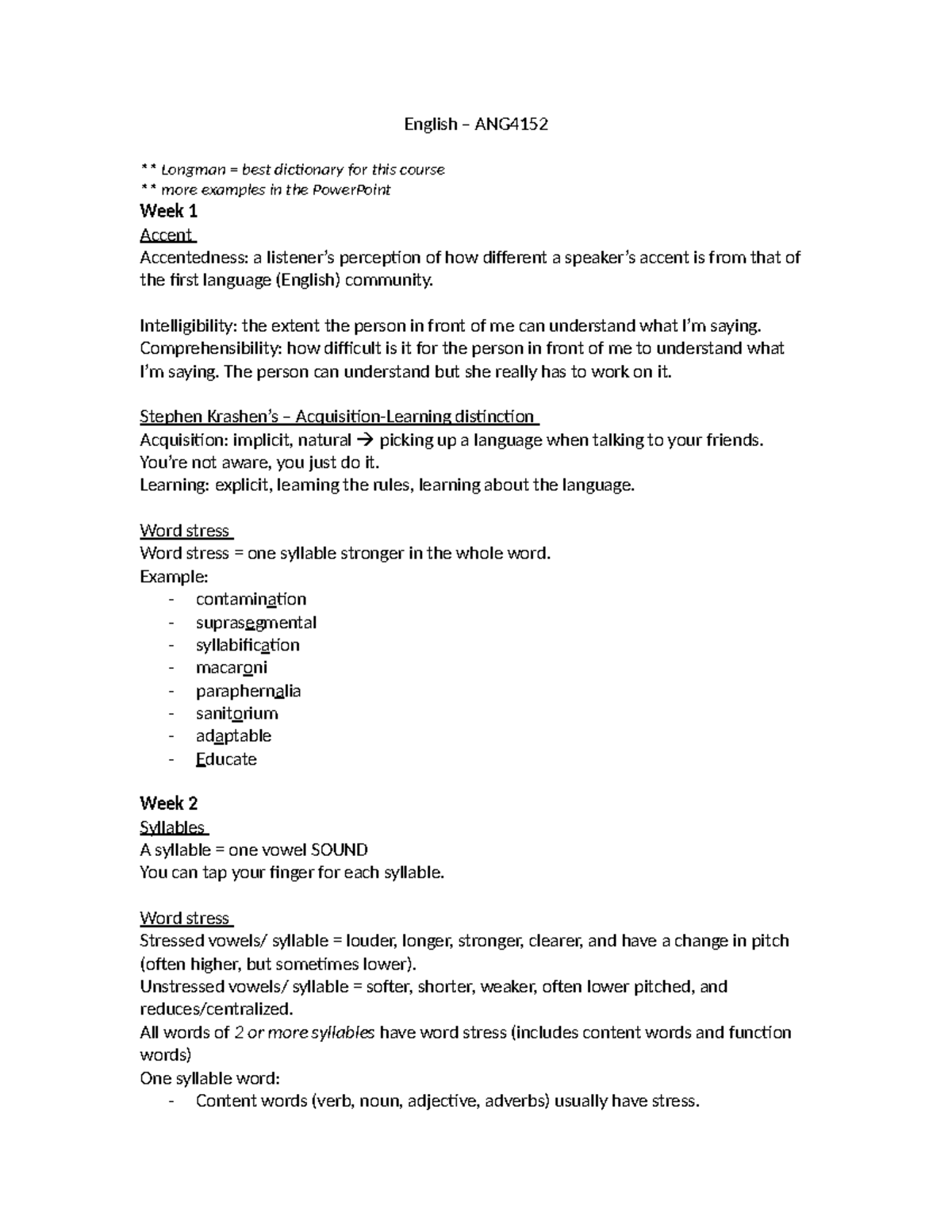 English - Class notes - English – ANG ** Longman = best dictionary for ...