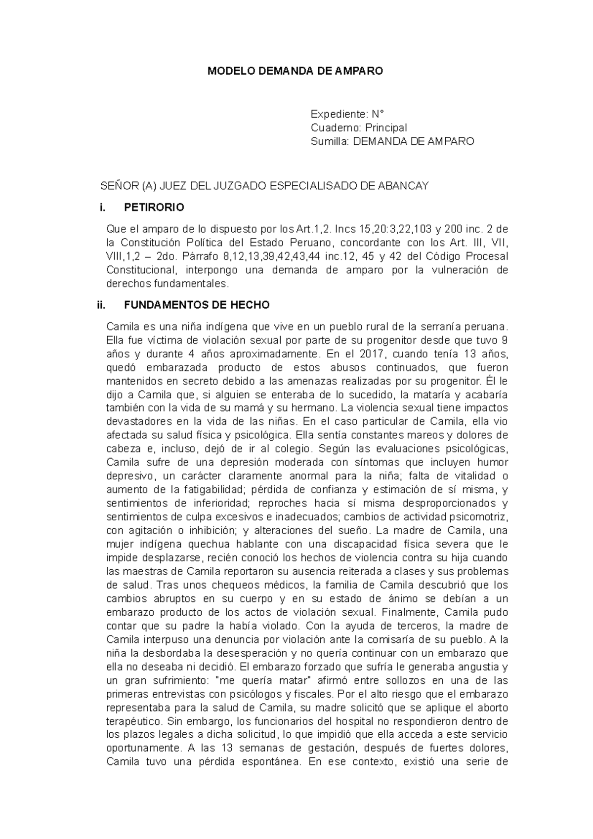 Modelo Demanda DE Amparo - MODELO DEMANDA DE AMPARO Expediente: N ...