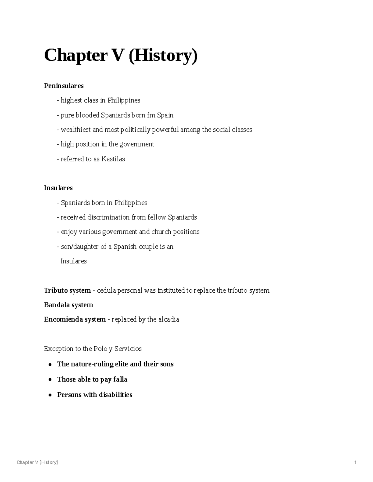 History ( Chapter 5) - Chapter V (History) Peninsulares - highest class in Philippines - pure ...