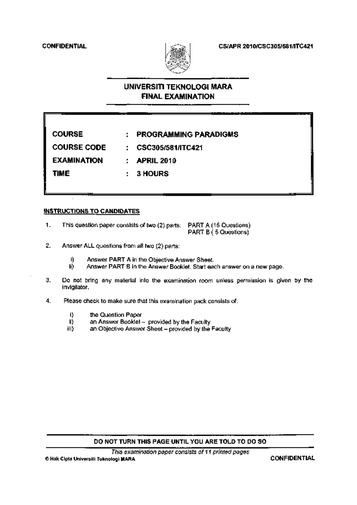 CSC305 S1 April 2010 - PAST YEAR 2010 - UNIVERSITI TEKNOLOGI MARA FINAL ...