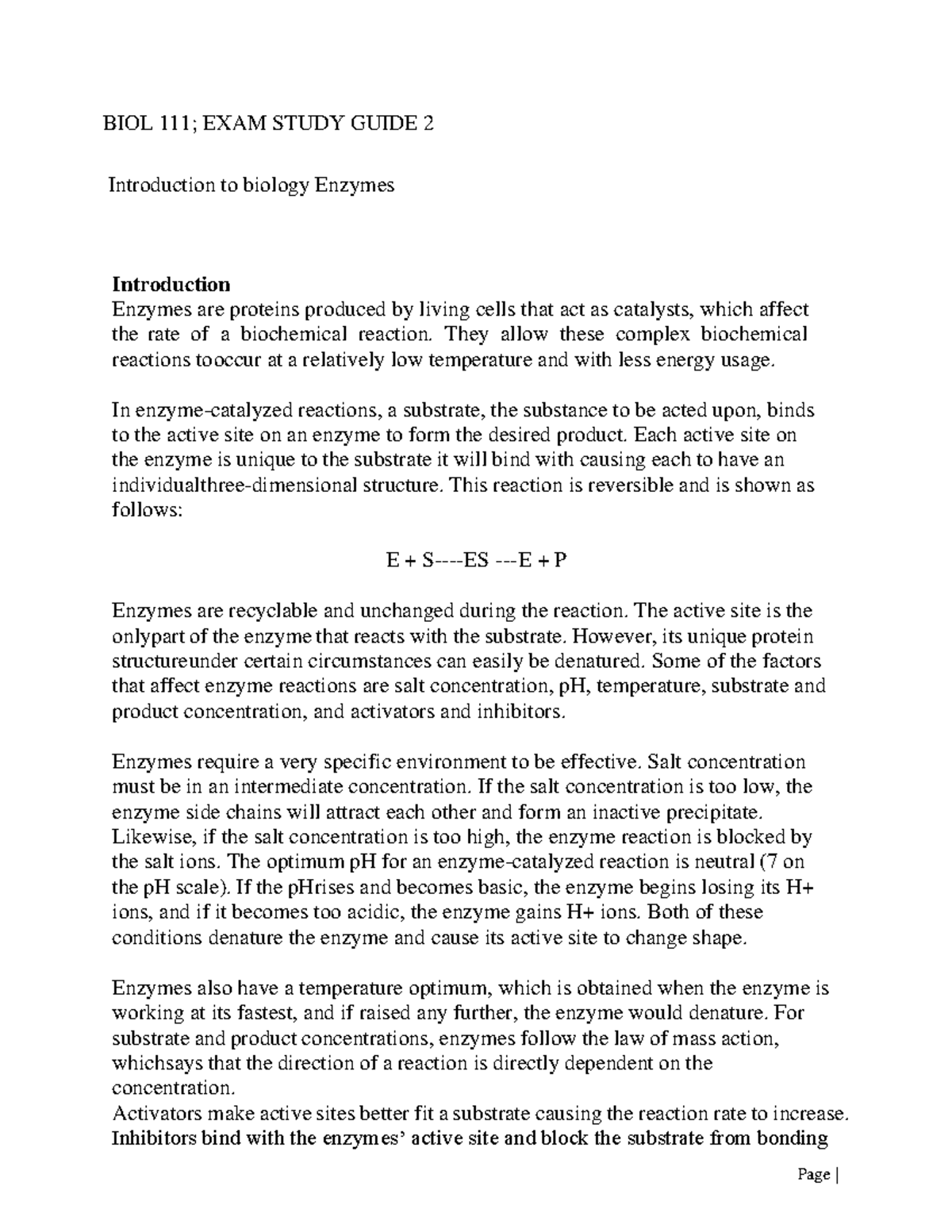 BIOL 111; EXAM Study Guide 2 Enzymes - Page | BIOL 111; EXAM STUDY ...