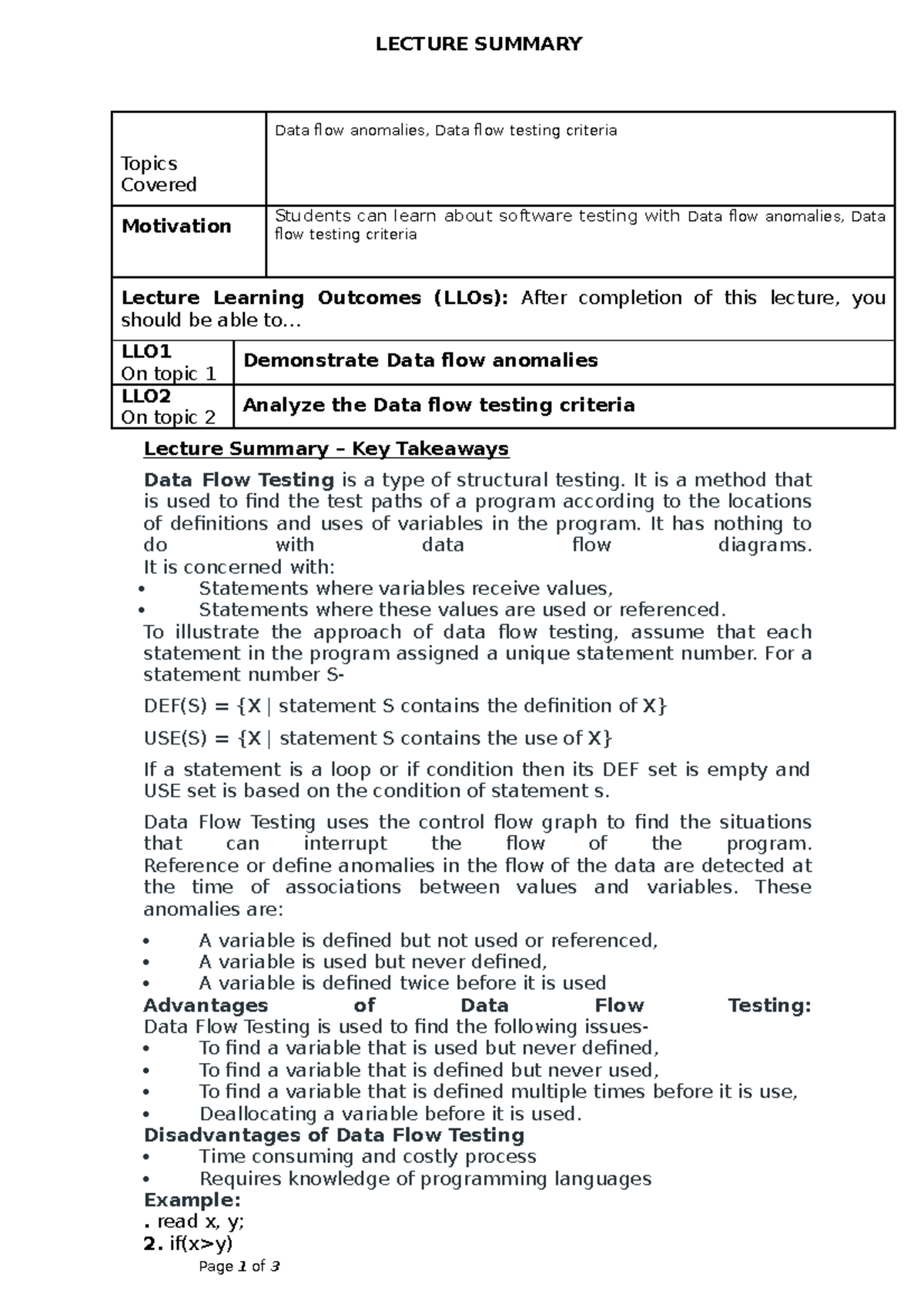 N15 Data Flow Anomalies Data Flow Testing Criteria Lecture Summary Topics Covered Data Flow