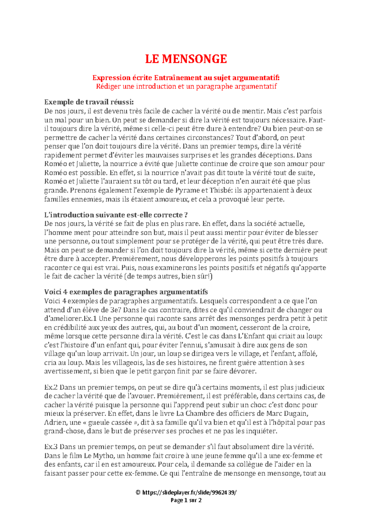 Le menssonge - © slideplayer/slide/9962439/ Page 1 sur 2 LE MENSONGE ...