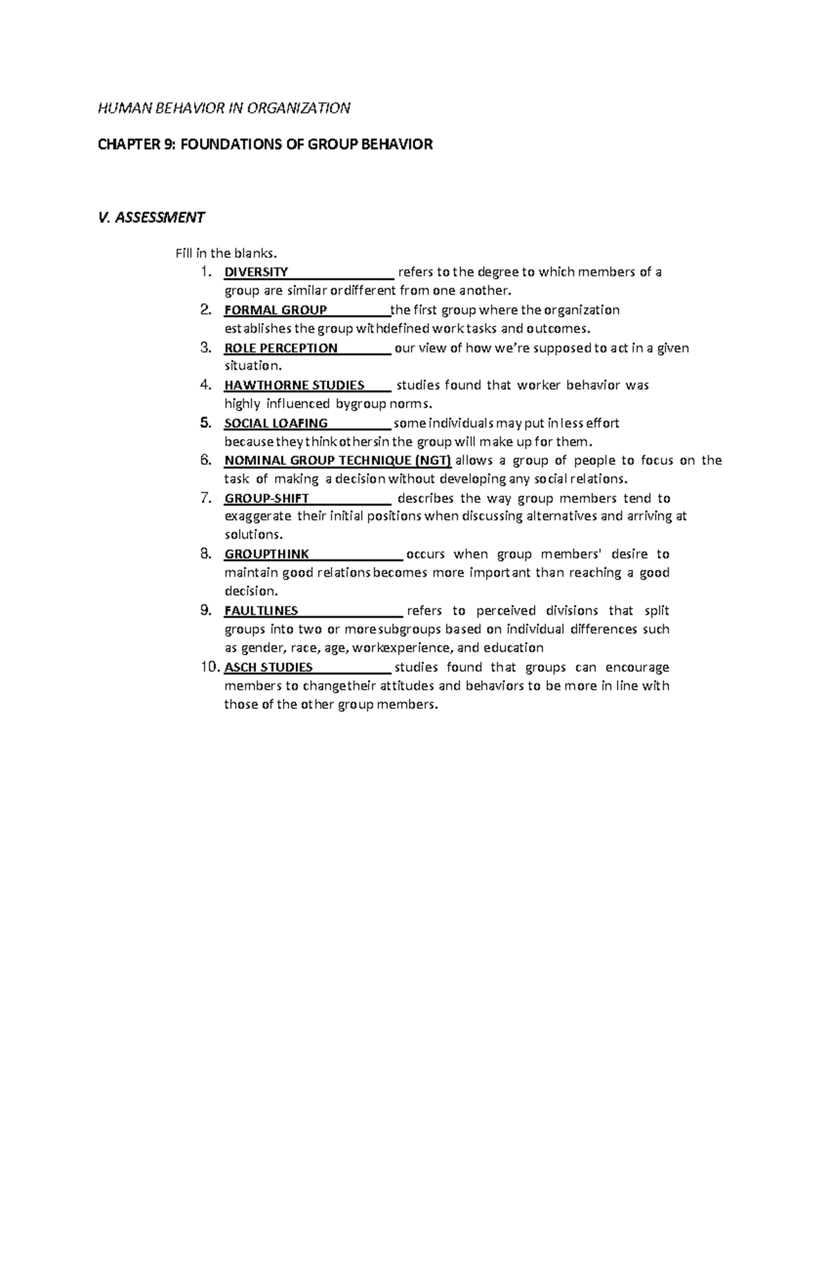 Chapter 9- Foundations OF Group Behavior Assessment - HUMAN BEHAVIOR IN ...