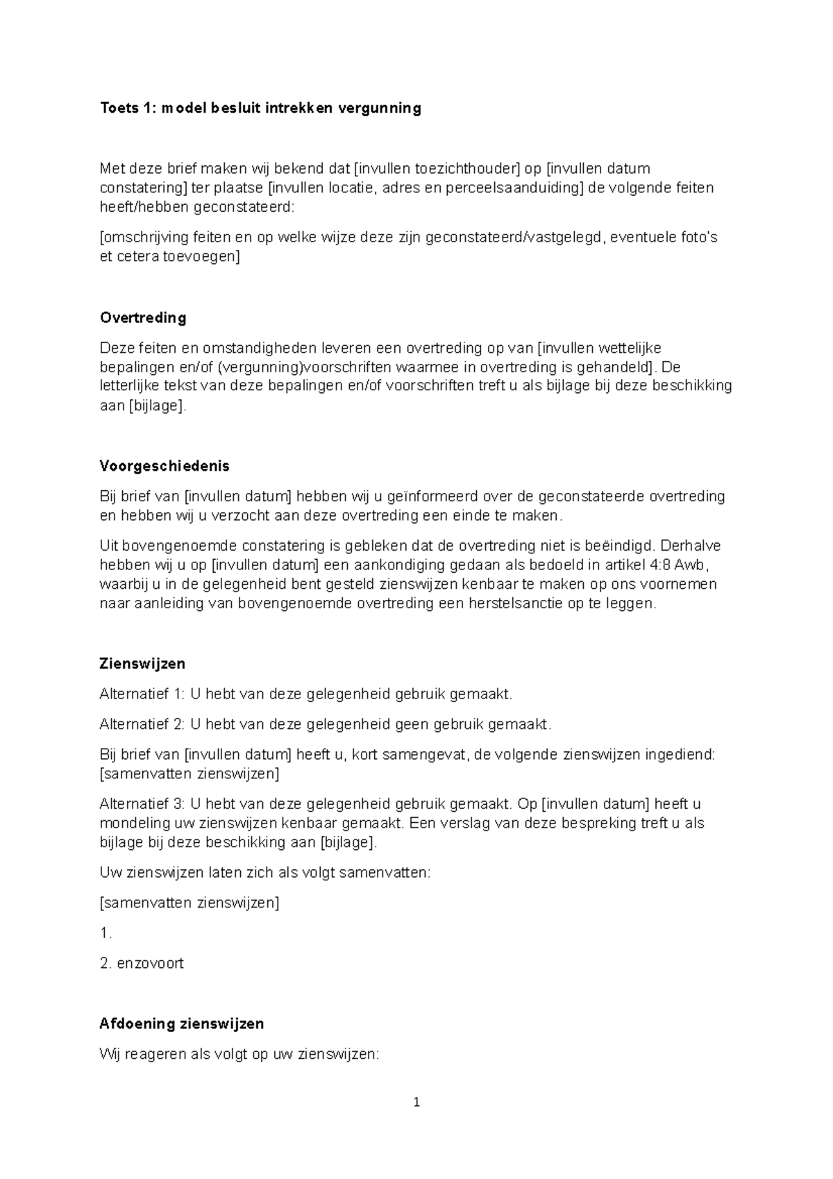 Model beschikking intrekken vergunning - Toets 1: model besluit ...