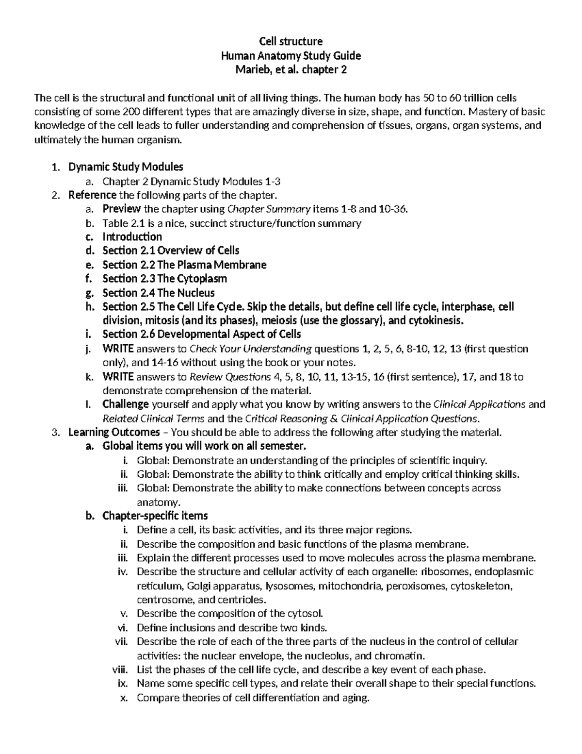 Ch 2 Cell Structure Study Guide - Cell structure Human Anatomy Study ...