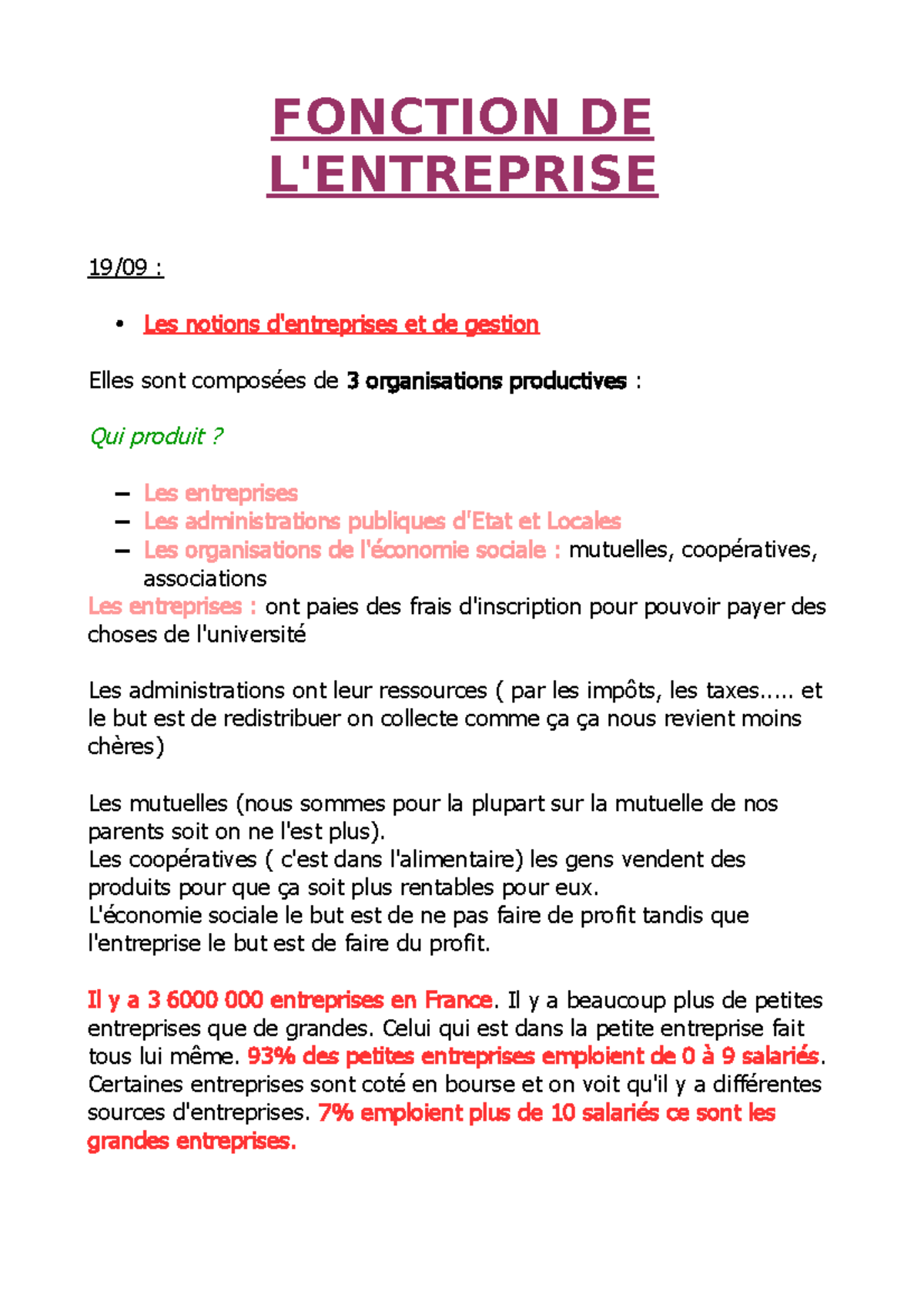 Fonction de l'entreprise 1 - FONCTION DE L'ENTREPRISE 19/09 : • Les ...