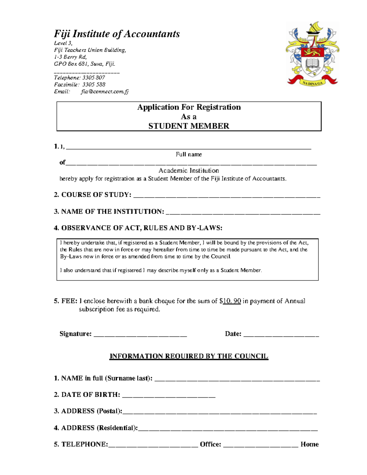 Application for Registration as a Student Member - Fiji Institute of ...
