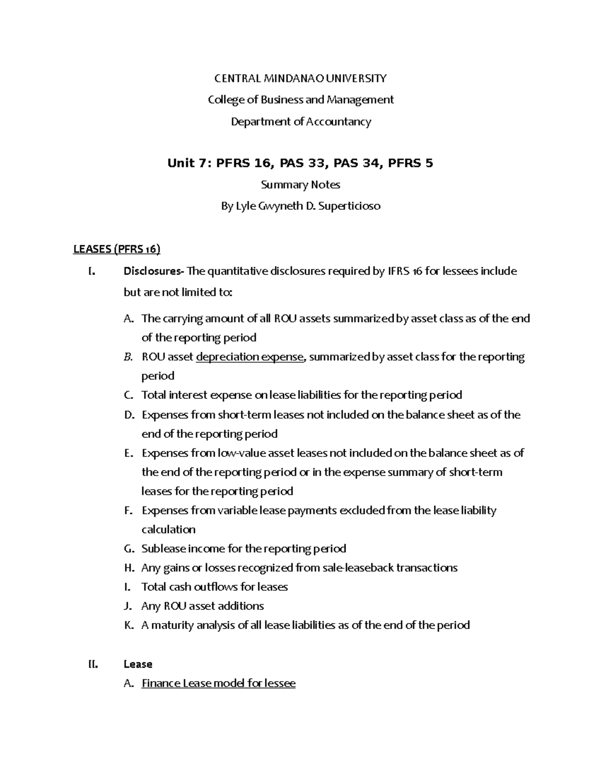 Unit 7 PFRS 16, PAS 33, PAS 34, PFRS 5 summary notes - CENTRAL MINDANAO ...