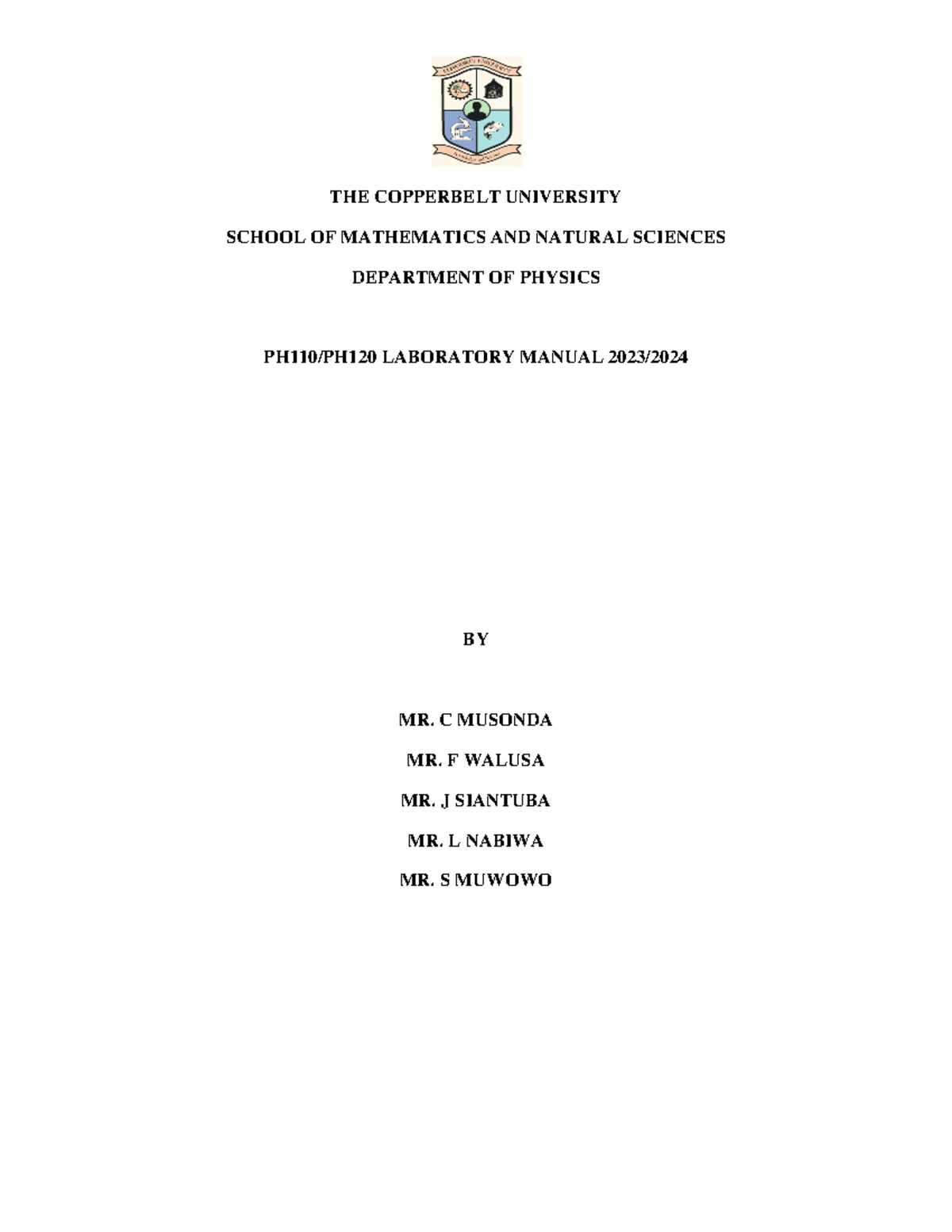 PH110 Labmanual 2023 to 2024 - THE COPPERBELT UNIVERSITY SCHOOL OF ...