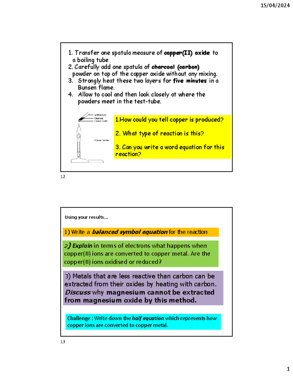 Extracting copper with carbon questions - 15/04/ 1 1. Transfer one ...