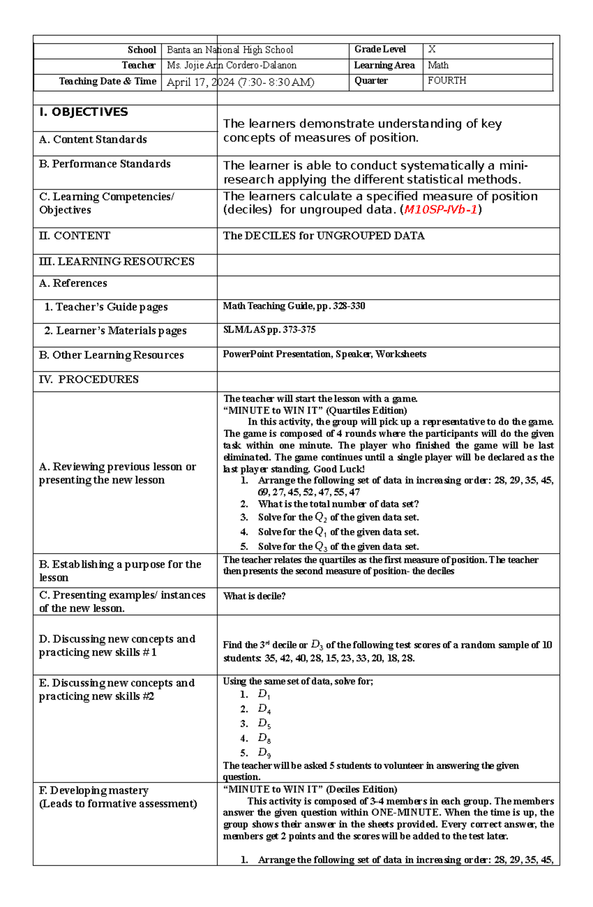 4th QTR COT - sample COT plan - I. OBJECTIVES The learners demonstrate ...