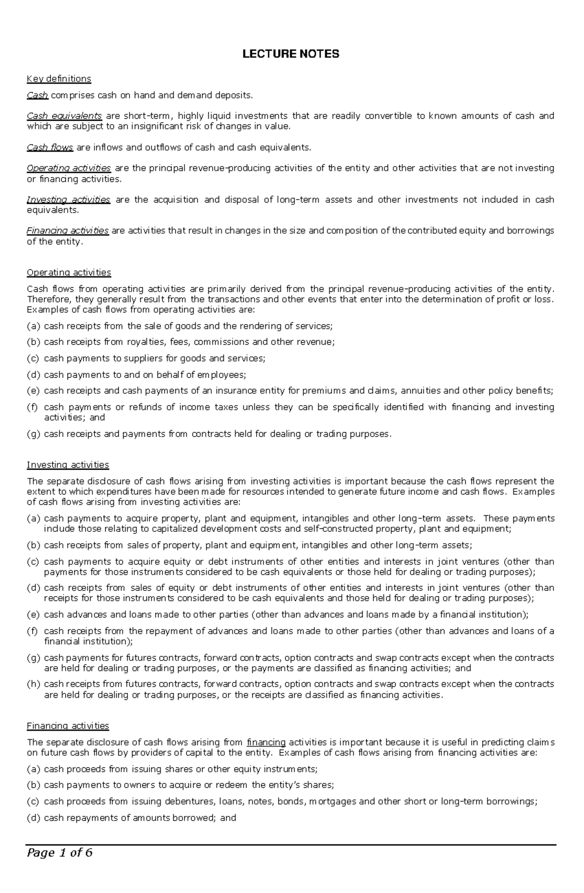 Statement of Cash Flow Notes - LECTURE NOTES Key definitions Cash ...