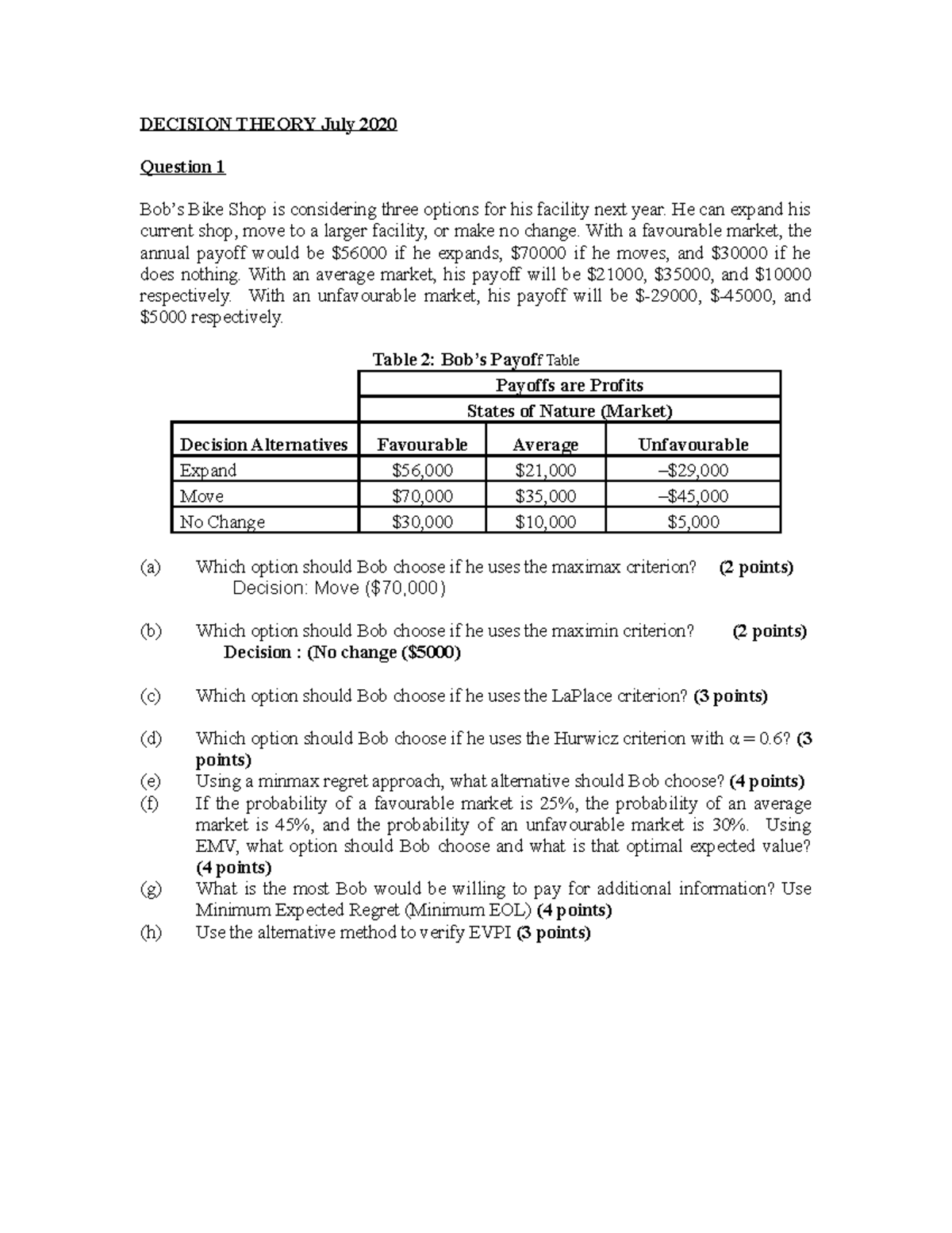 Decision Theory Questions and Answers 2021 - DECISION THEORY July 2020 ...
