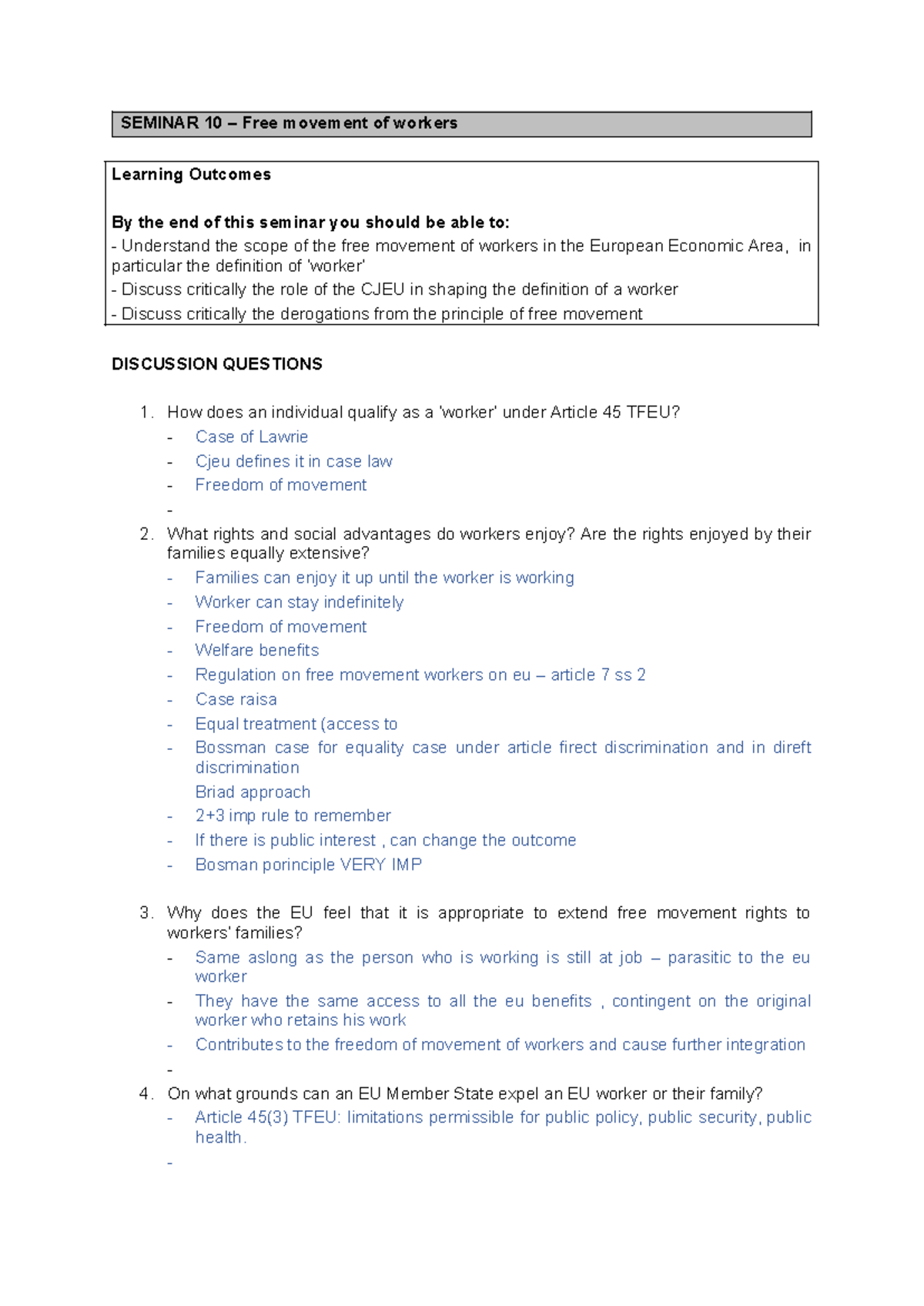 Seminar 9 EU - SEMINAR 10 – Free movement of workers Learning Outcomes By the end of this ...