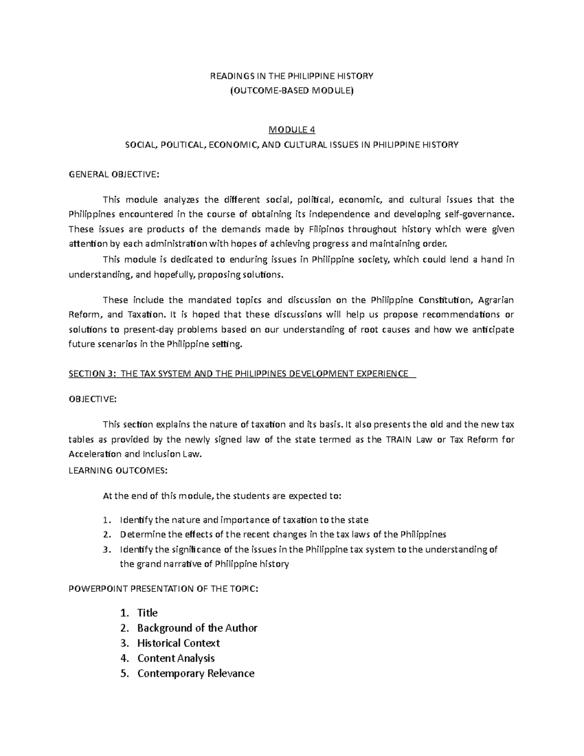 Module 4 Section 3 Objective and Home Activities - READINGS IN THE PHILIPPINE HISTORY (OUTCOME ...
