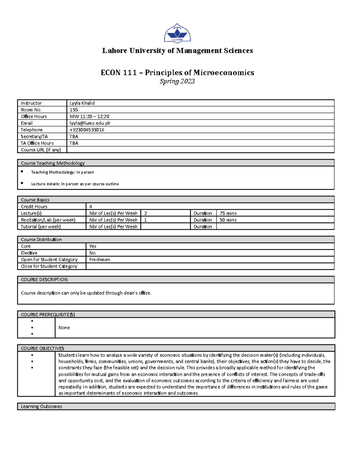 ECON 111 Course Outline Spring 2023 1 - Lahore University of Management ...