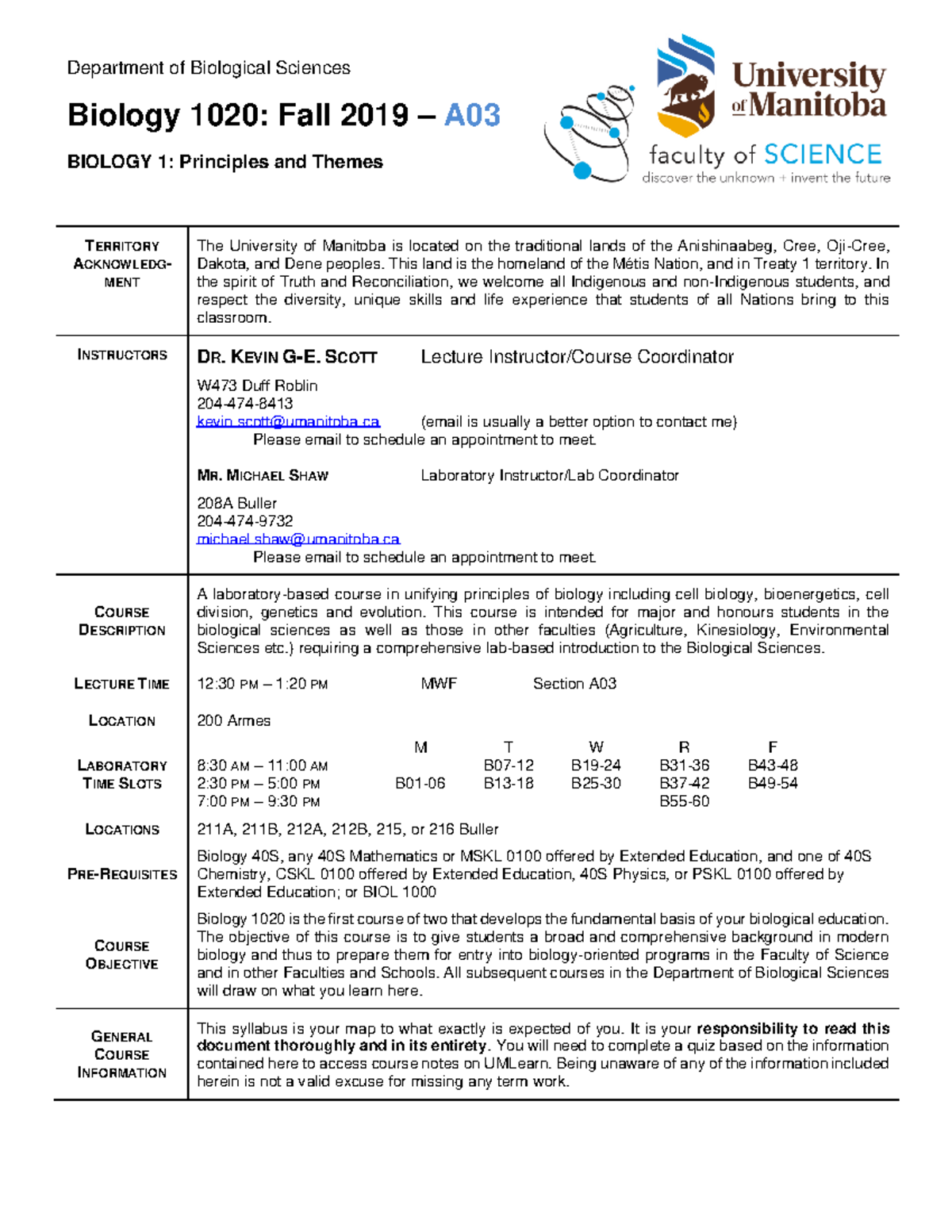 1020 syllabus 2019 - Department of Biological Sciences Biology 1020 ...