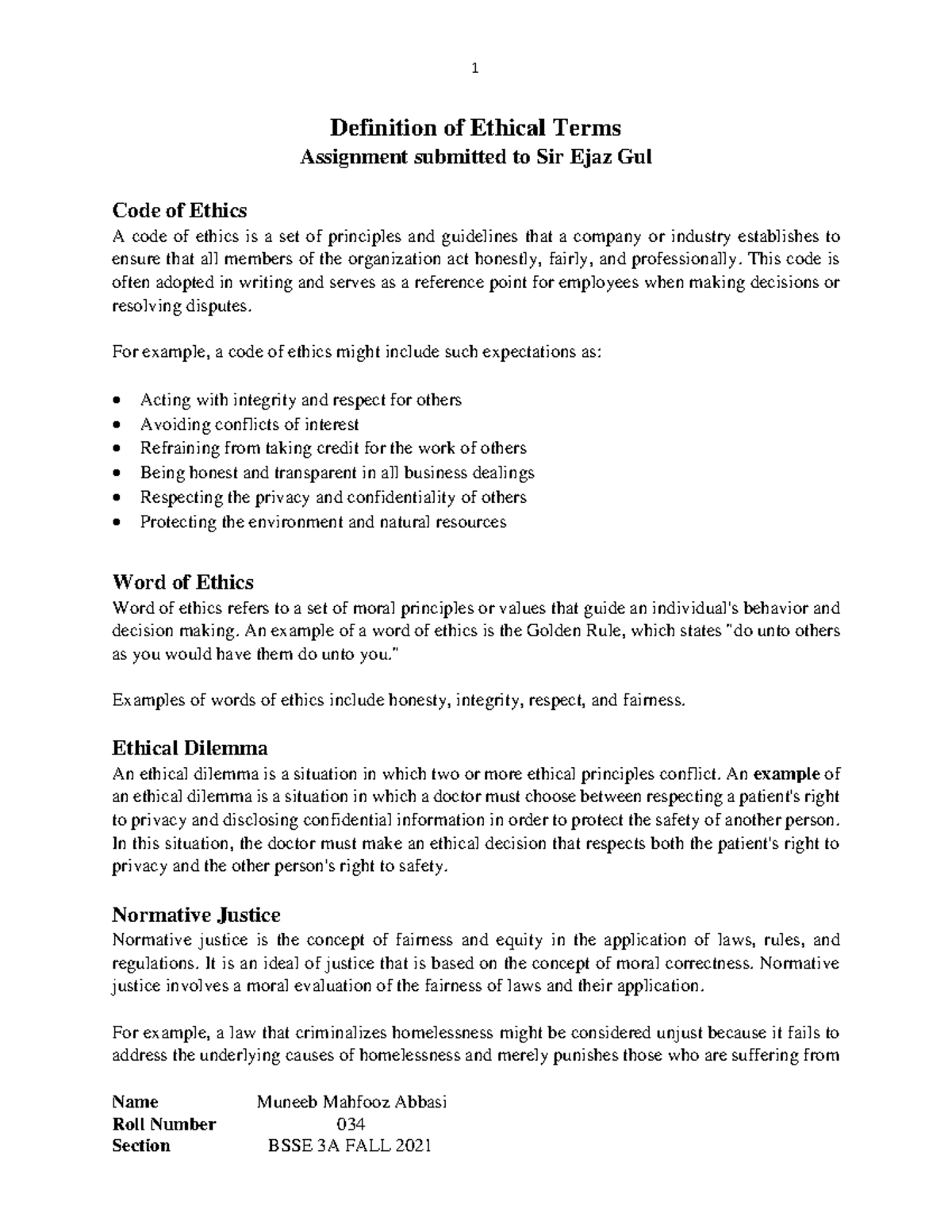 Definition of Ethical Terms - 1 Name Muneeb Mahfooz Abbasi Roll Number ...