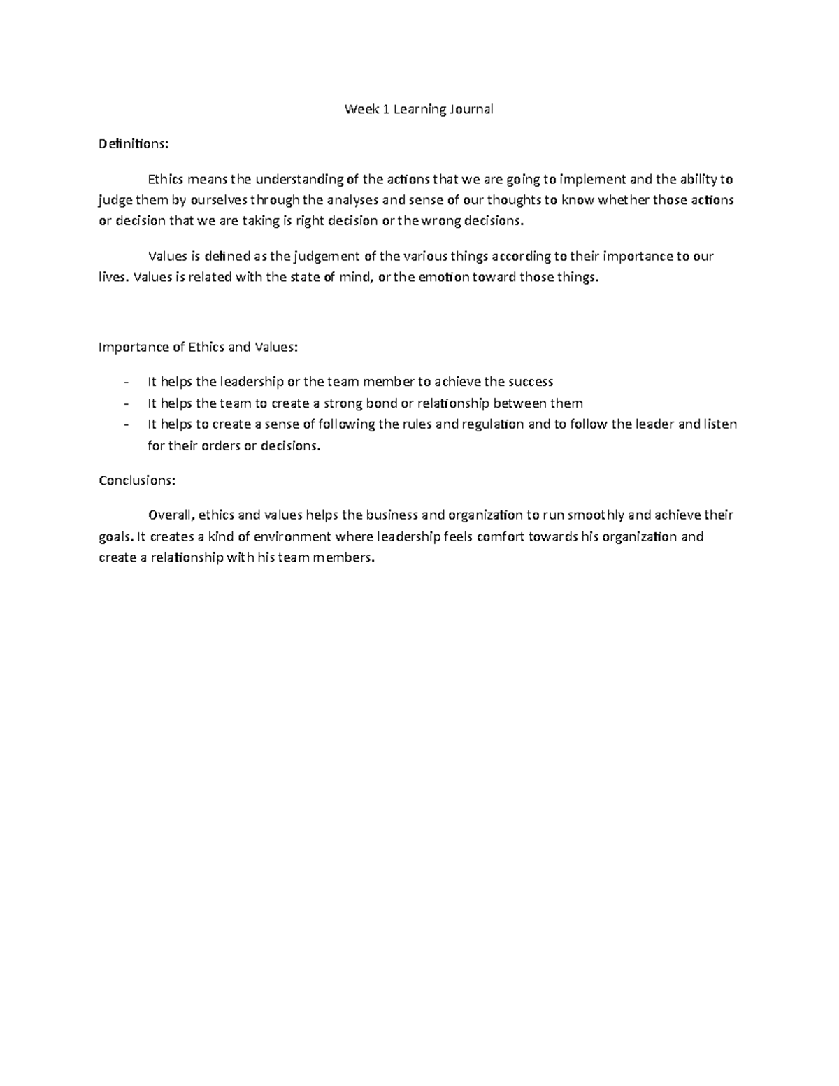 Week 1 Learning Journal - Week 1 Learning Journal Definitions: Ethics ...