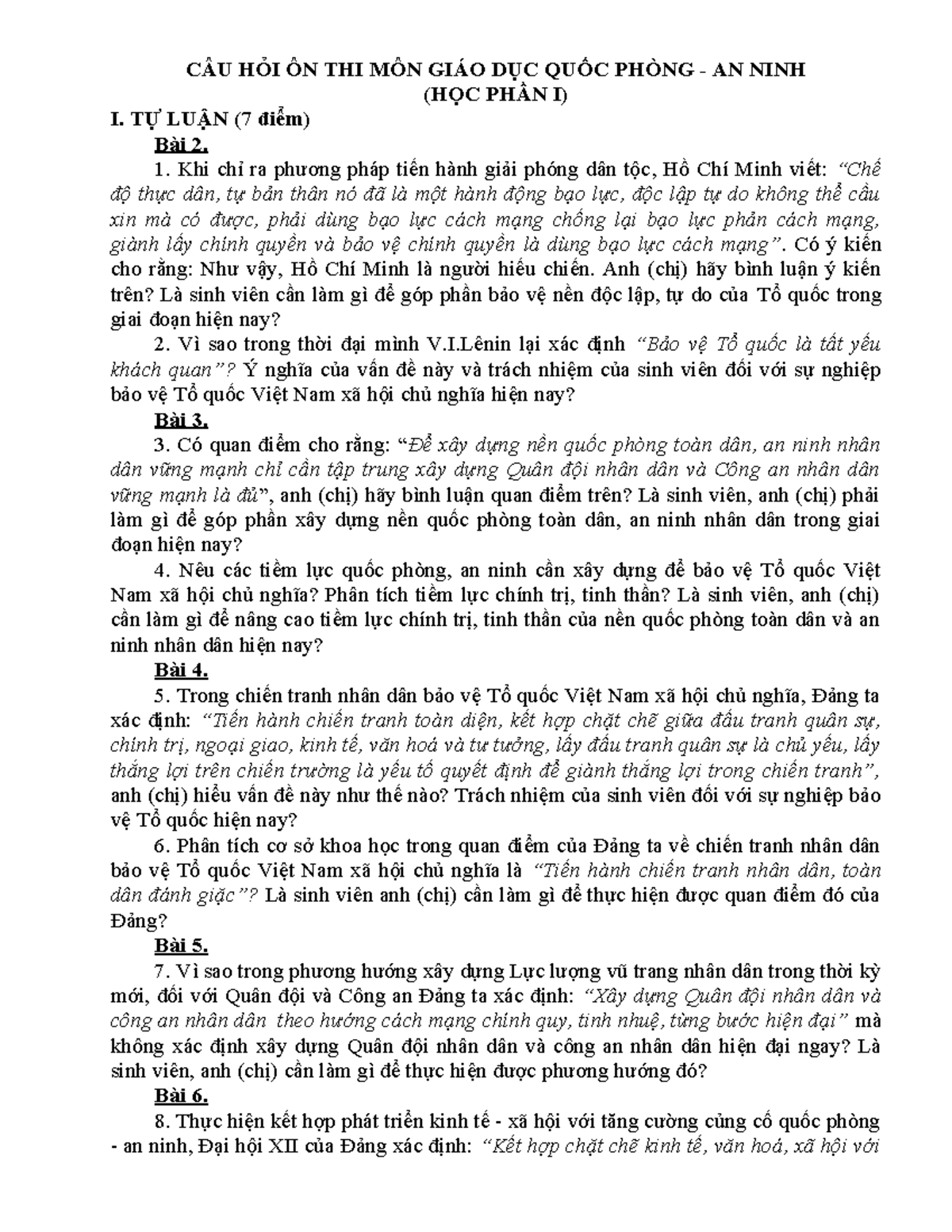 CÂU HỎI THI HP1-GDQP - GDQP - CÂU HỎI ÔN THI MÔN GIÁO DỤC QUỐC PHÒNG - AN NINH (HỌC PHẦN I) I ...