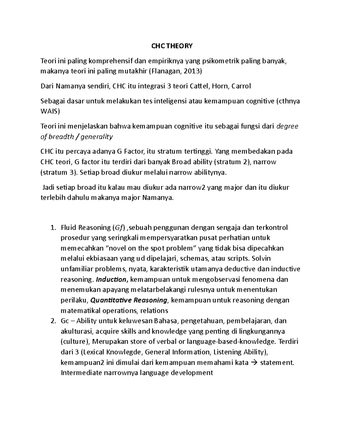 CHC Theory catatan pribadi - CHC THEORY Teori ini paling komprehensif dan empiriknya yang - Studocu