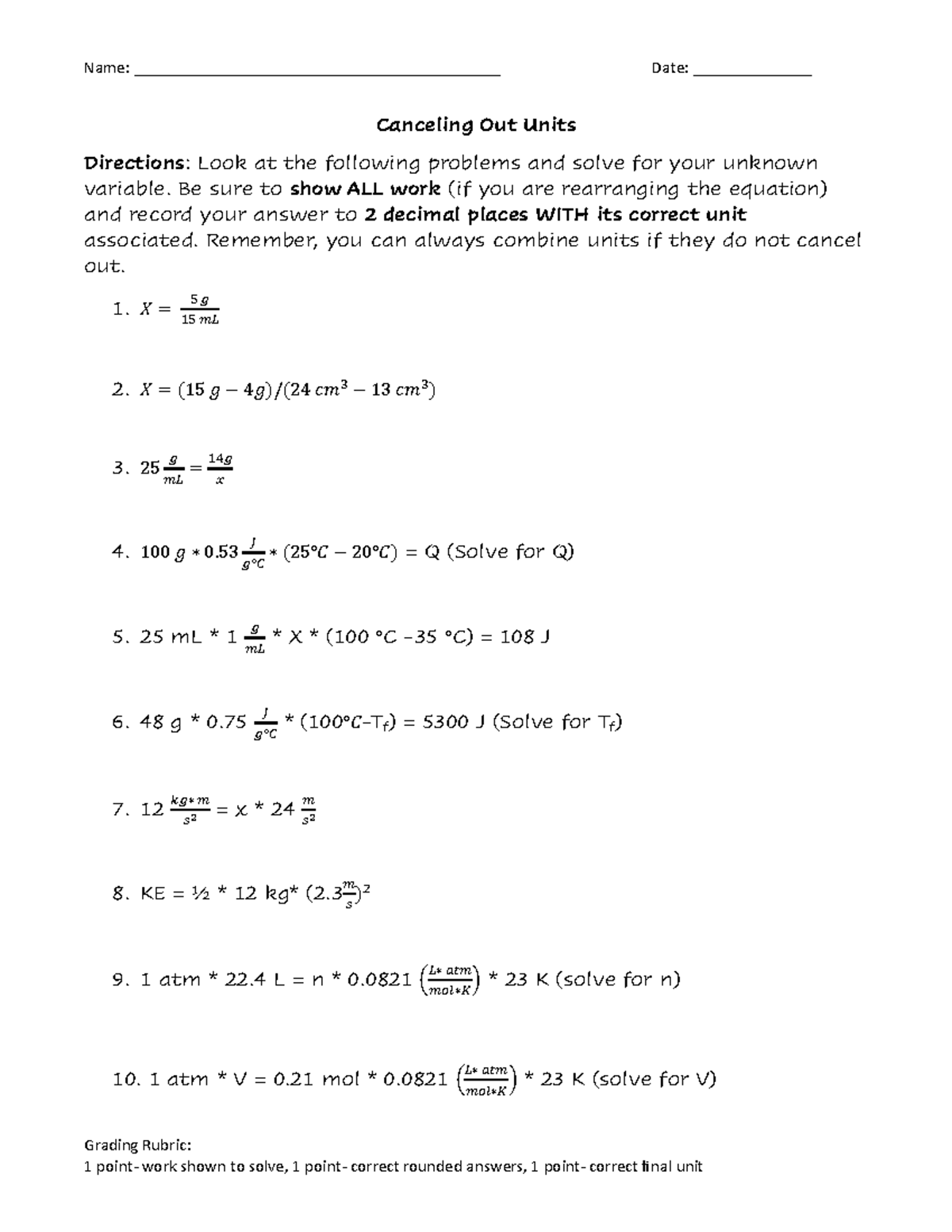 Canceling Out Units Practice - Name ...