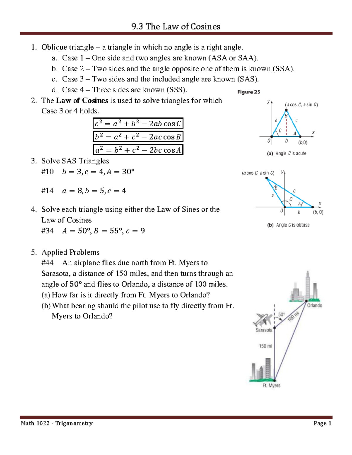 9 3 The Law of Cosines - Tanya Lueder - 9 The Law of Cosines Math 1022 ...