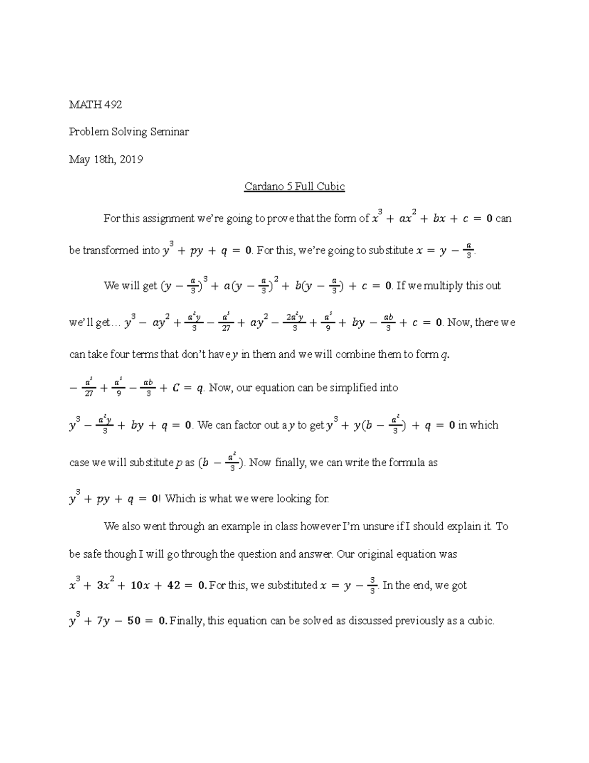 Cardano Full Cubic - MATH 492 Problem Solving Seminar May 18th, 2019 ...