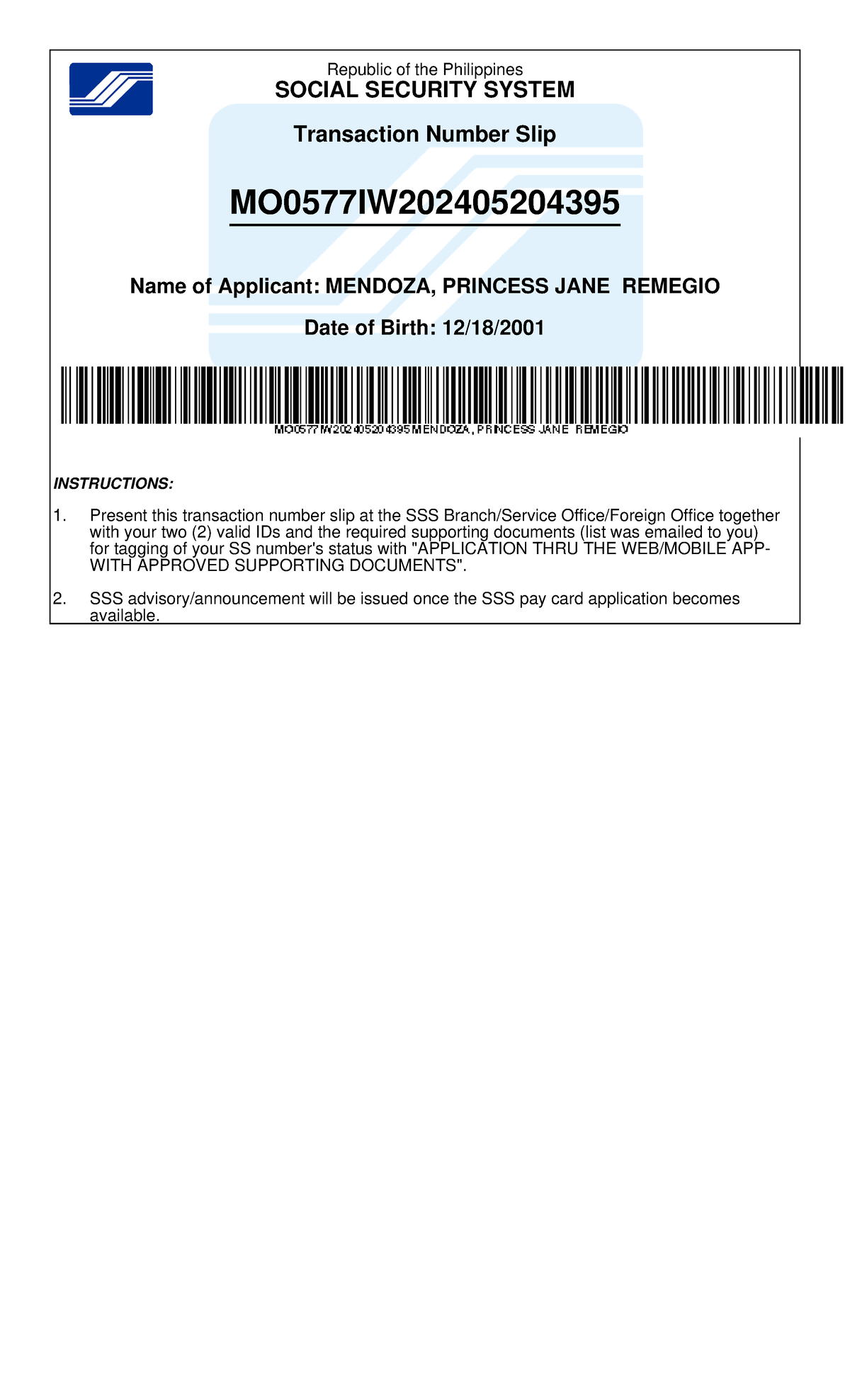 Webviewtransslip - Republic of the Philippines SOCIAL SECURITY SYSTEM ...