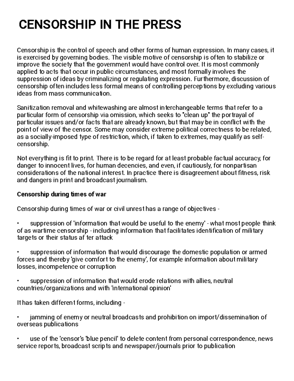 Censorship in press - Lecture notes 4th semester - CENSORSHIP IN THE ...