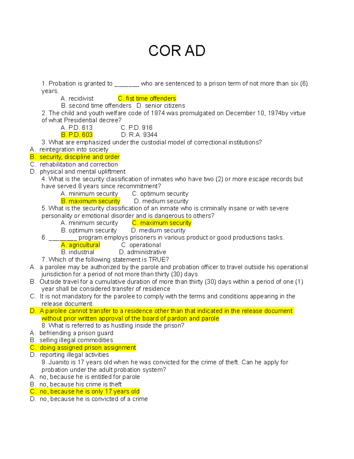 COR AD - For hand notes - COR AD Probation is granted to _______ who ...
