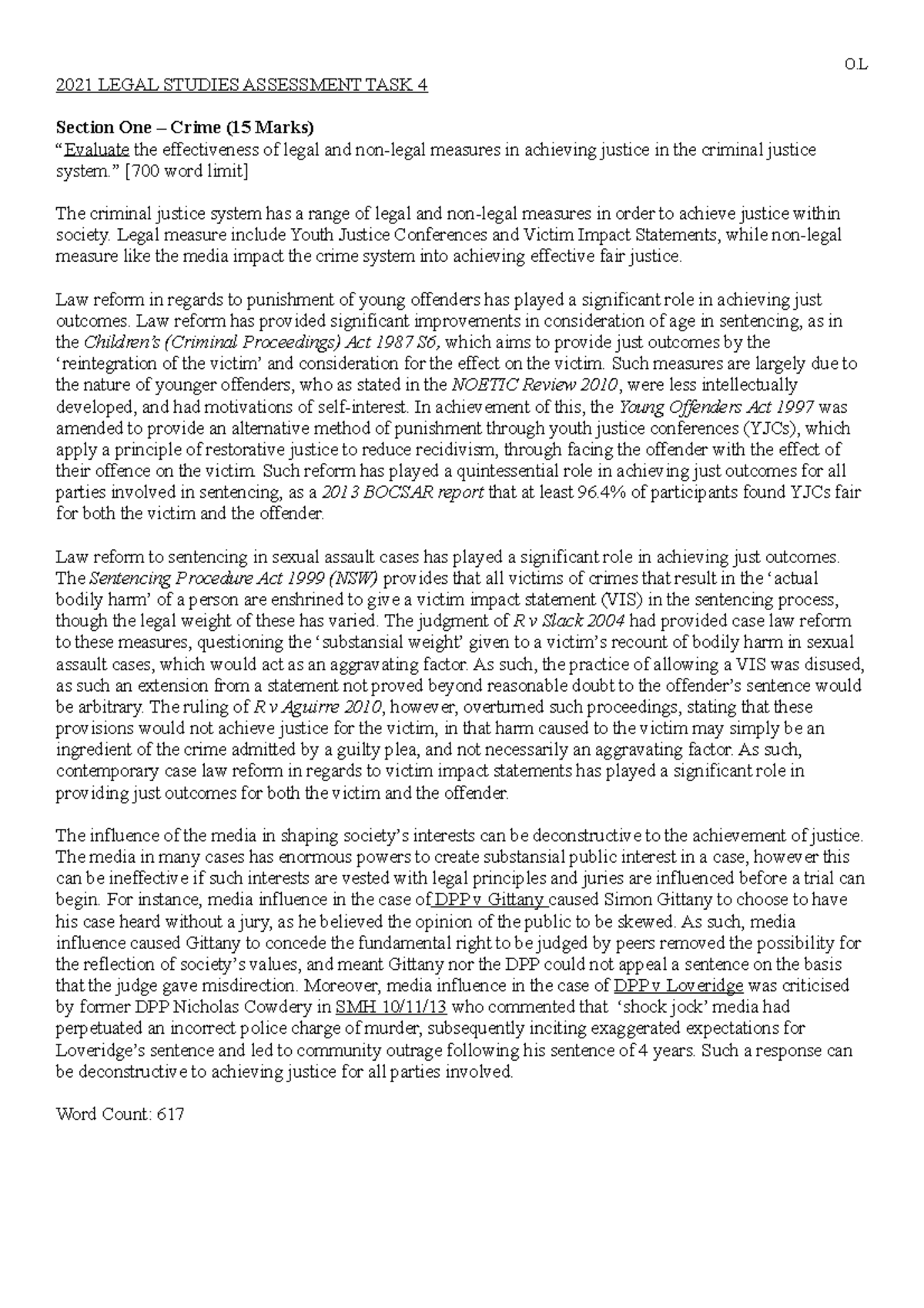 Legal Studies Assessment TASK 4- Section One (Crime) - O 2021 LEGAL ...