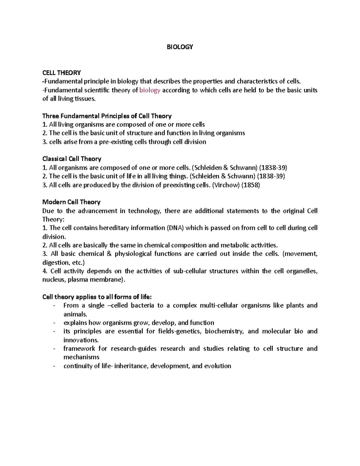 Biology Lesson 1 - BIOLOGY CELL THEORY Fundamental principle in biology ...
