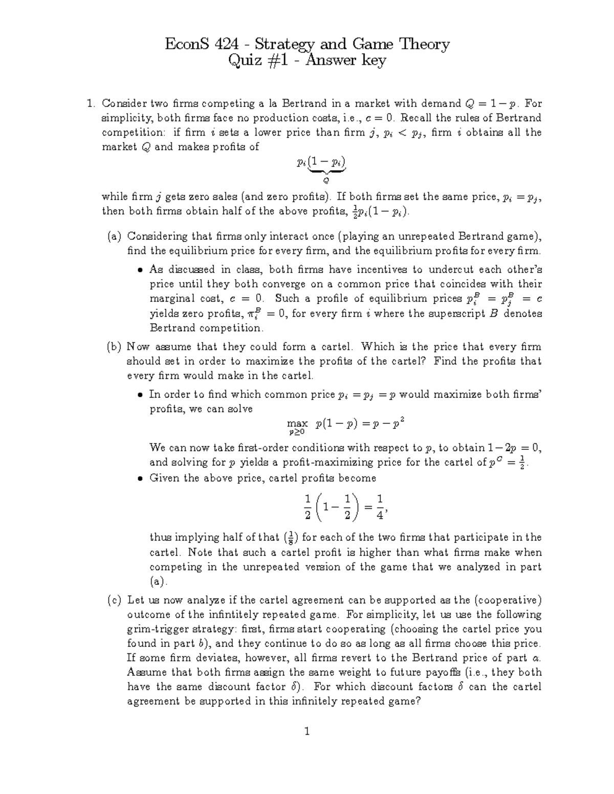Quiz 1 Spring 2015 Key EconS 424 Strategy And Game Theory Quiz Answer