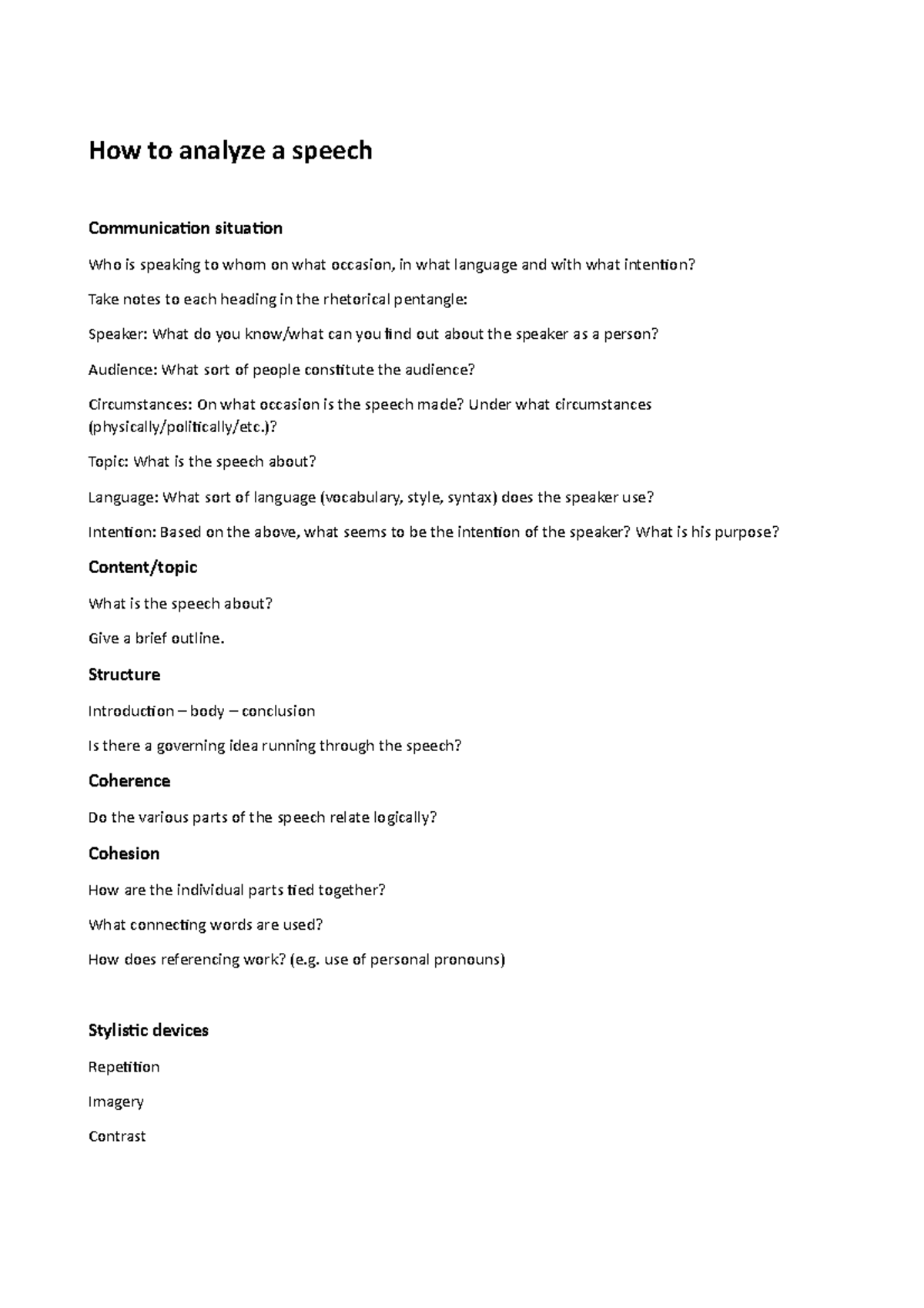 How to analyze a speech - Lecture notes 2 - How to analyze a speech ...